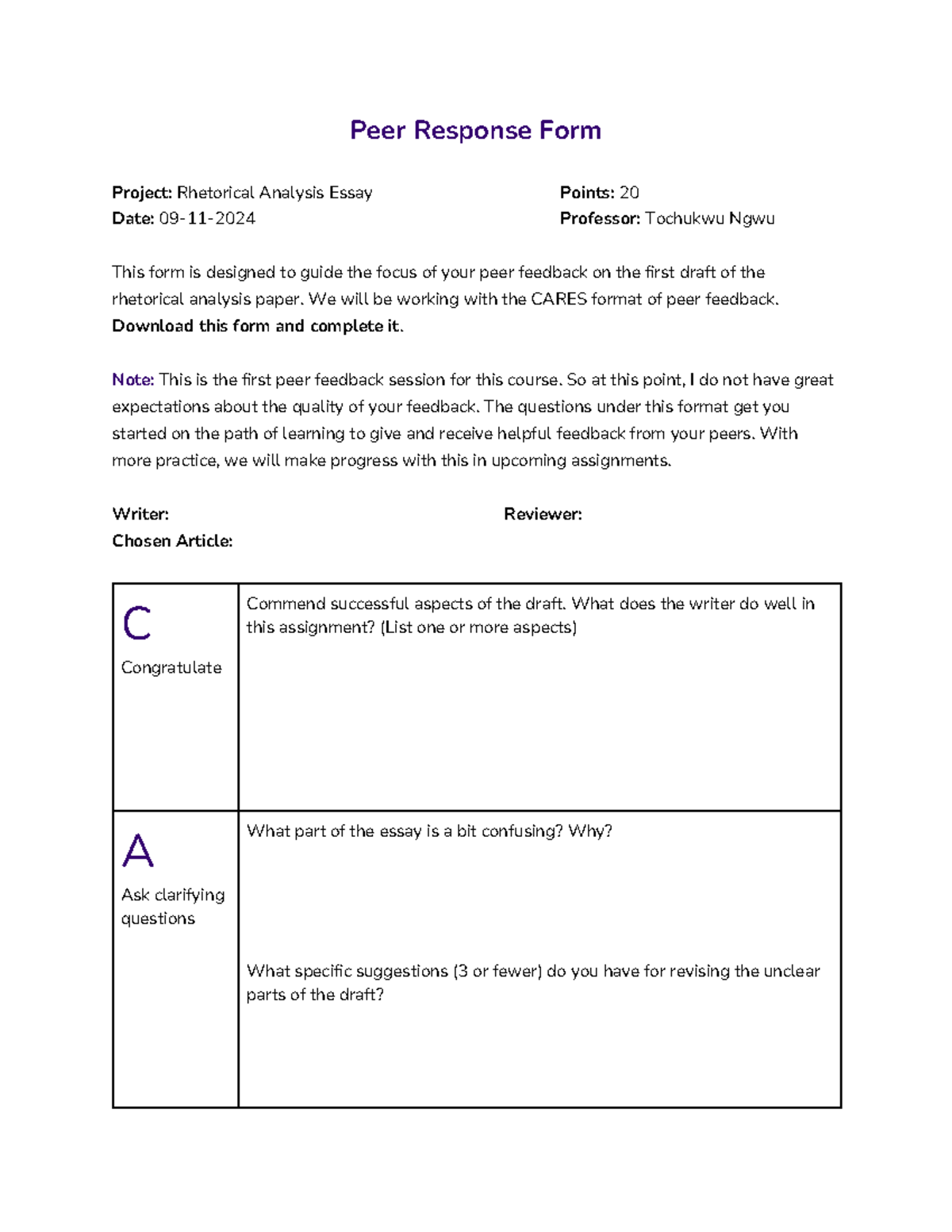 Peer Review Form for Rhetorical Analysis Paper - Peer Response Form ...