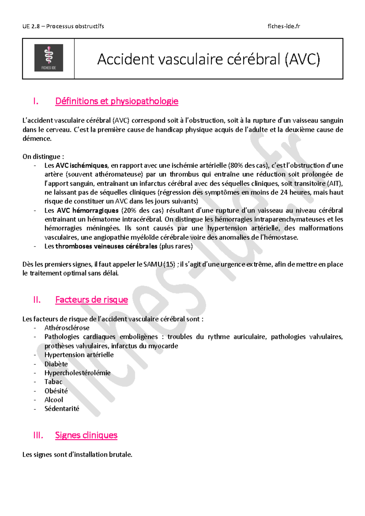 AVC - fiche informative avc neuro - Accident vasculaire cérébral (AVC) I. Définitions et - Studocu