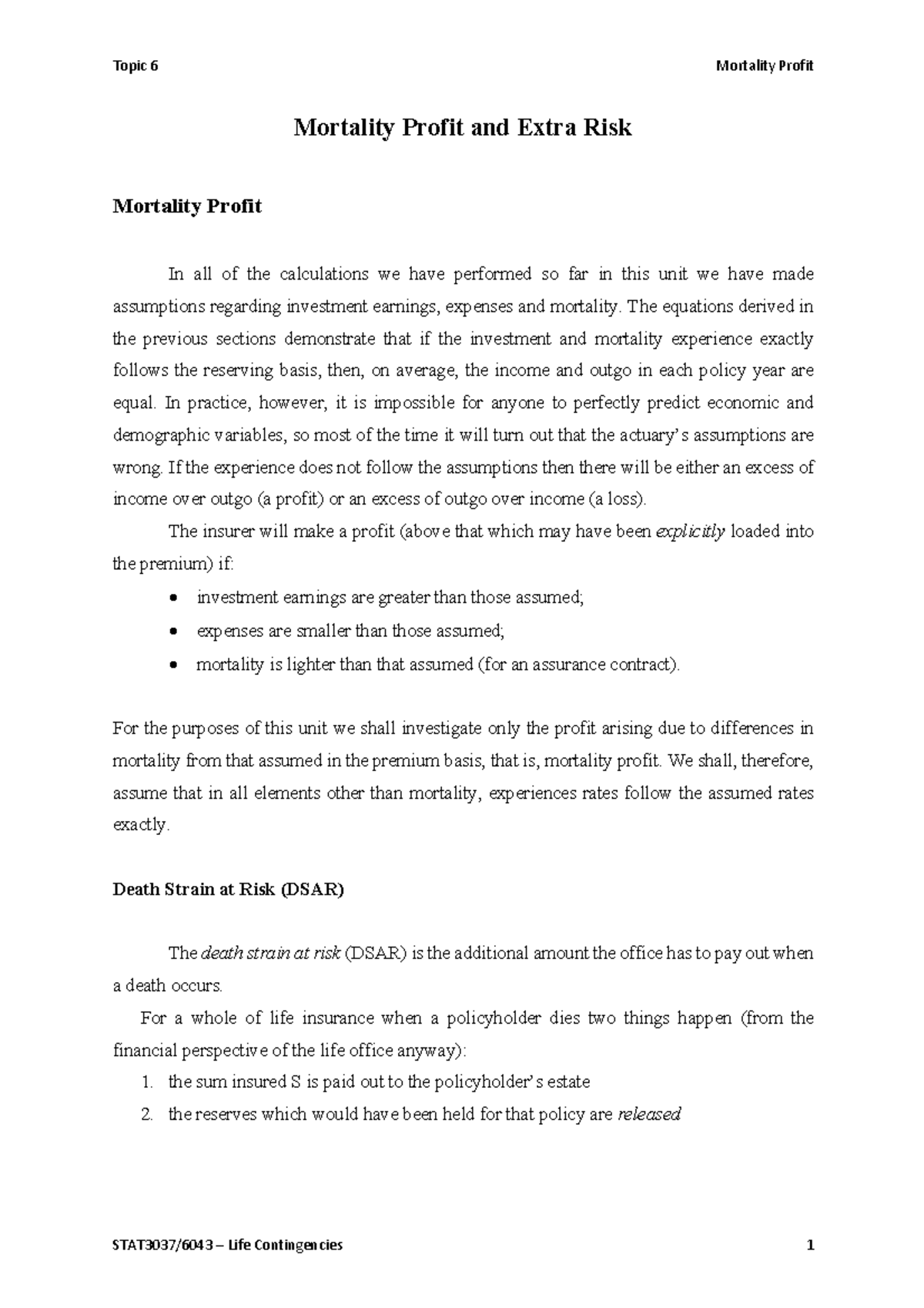 Topic 6 - Mortality Profit - Mortality Profit and Extra Risk Mortality ...