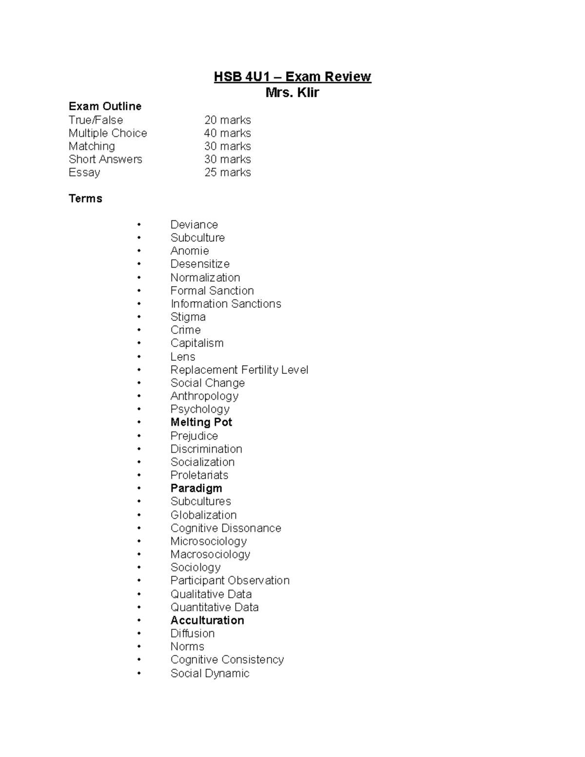 Hsb - exam review - Copy (1) - HSB 4U1 – Exam Review Mrs. Klir Exam ...