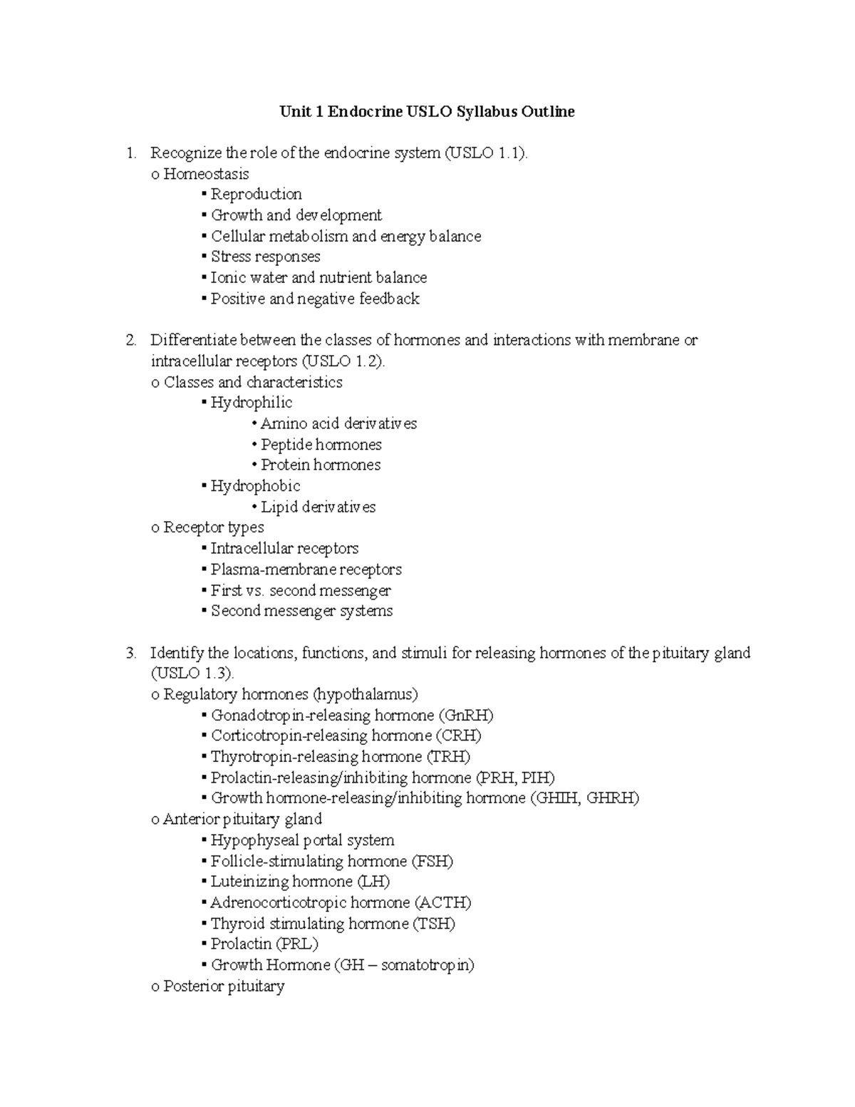 Unit 1 Endocrine USLO Syllabus Outline - Unit 1 Endocrine USLO Syllabus ...