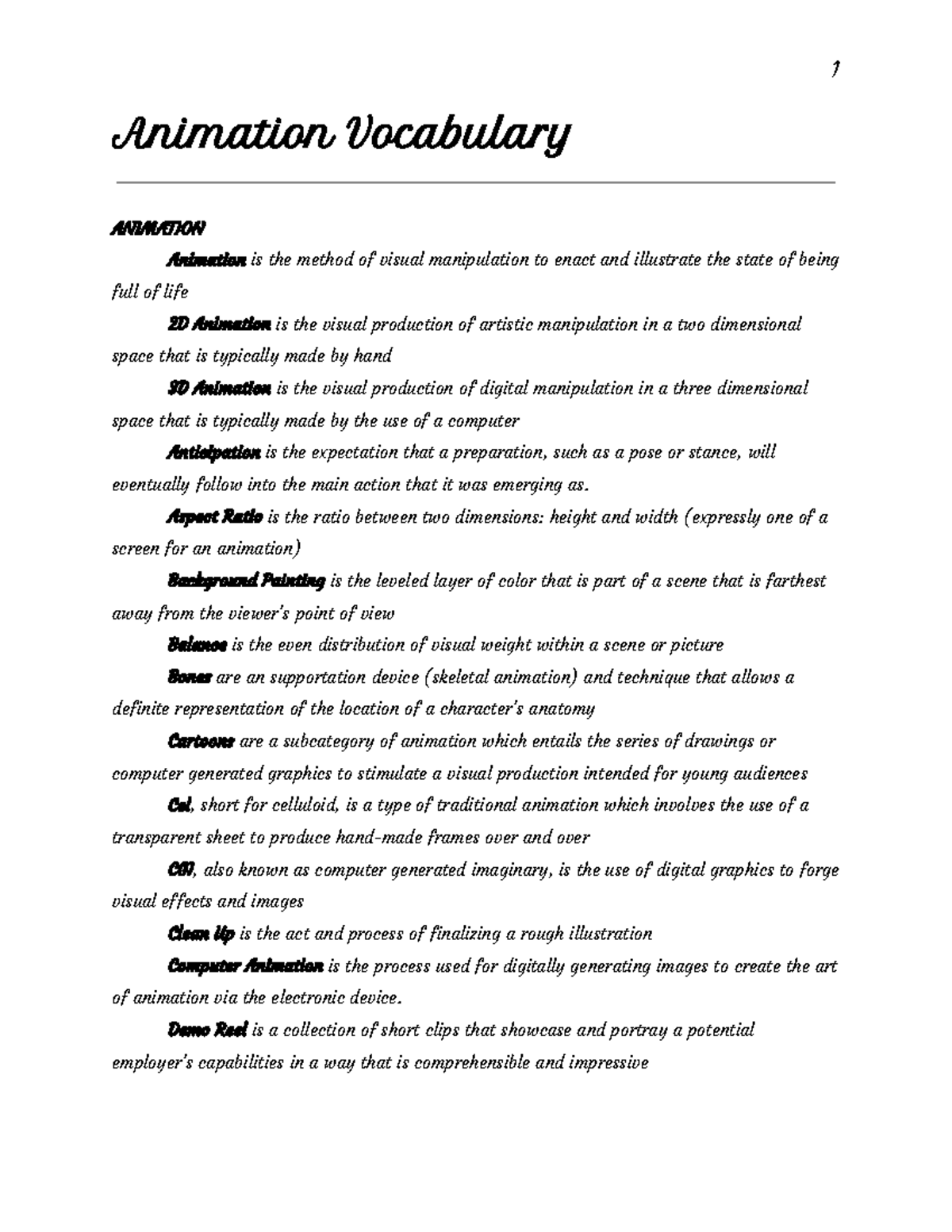 Animation Vocabulary - Animatin Vcabulary ANIMATION Animation is the ...