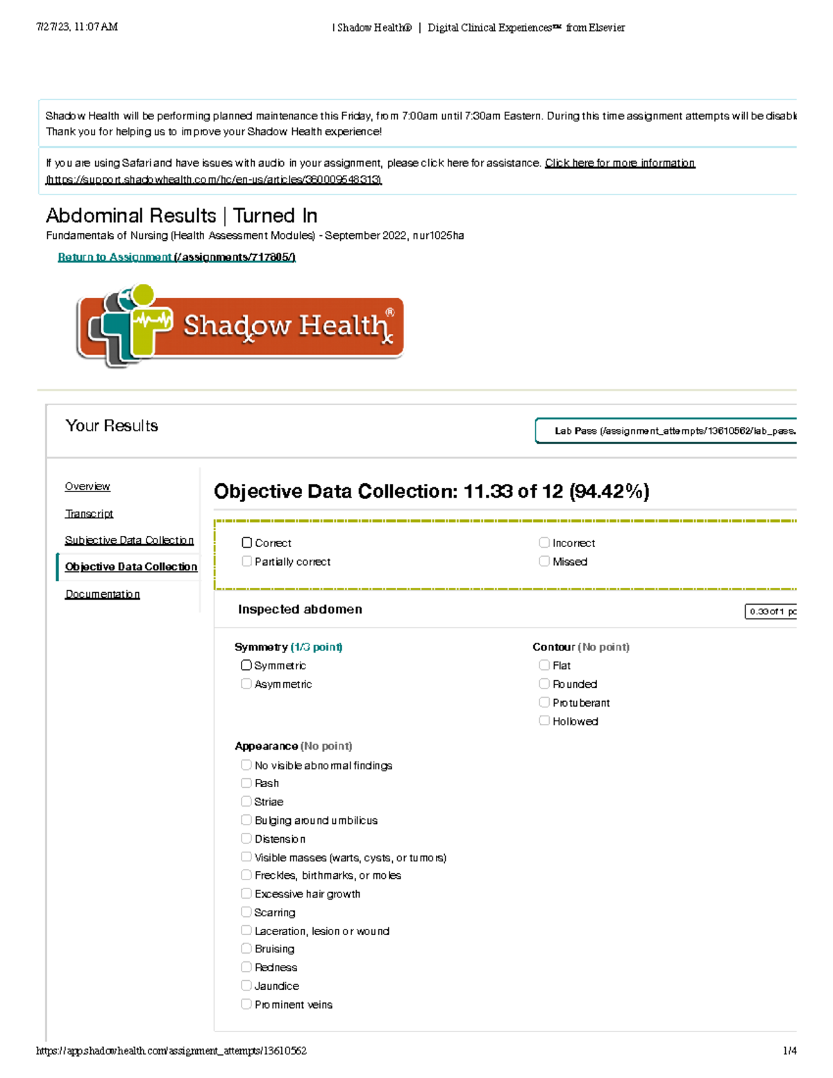 SHFunds Abdominal Obj - Shadow health - Abdominal Results | Turned In ...