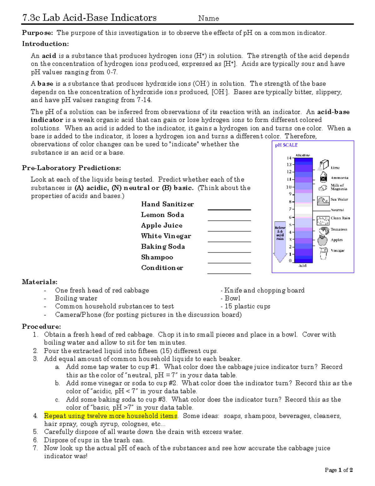 7.3c LAB Acid Base Indicators - Page 1 of 2 7 Lab Acid-Base Indicators Name Purpose: The purpose ...