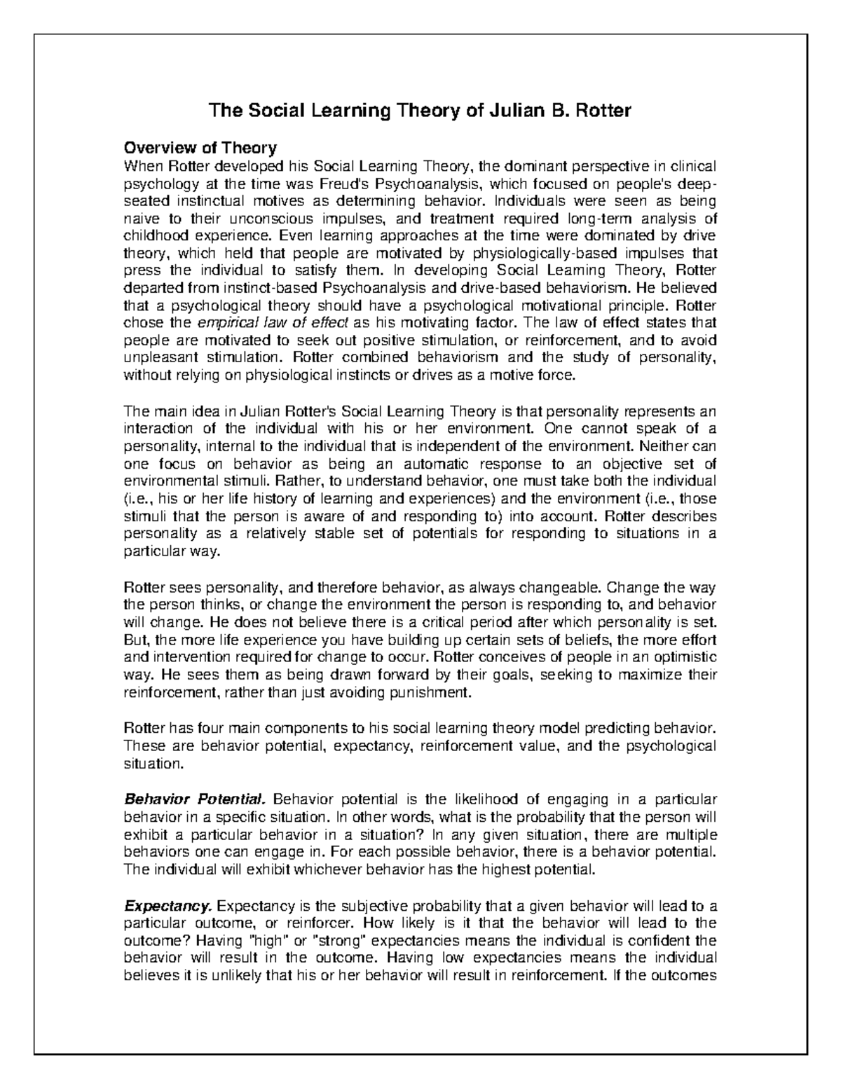 The Social Learning Theory of Julian Rotter - Rotter Overview of Theory ...