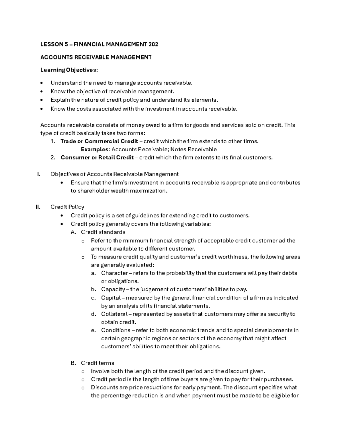Lesson 5 Accountsreceivablemanagement - LESSON 5 – FINANCIAL MANAGEMENT ...