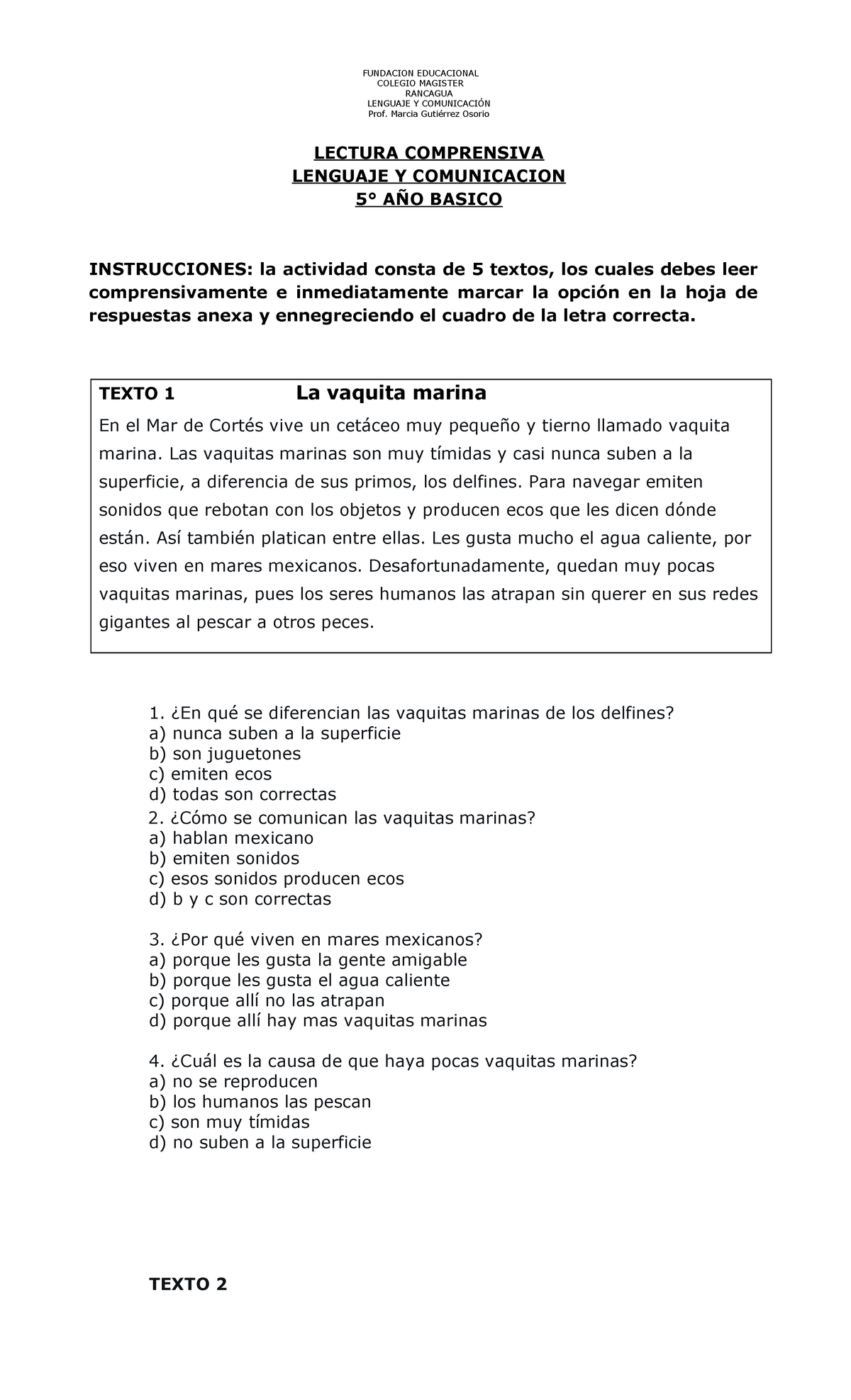 Comprension lectora Quinto basico - FUNDACION EDUCACIONAL COLEGIO ...