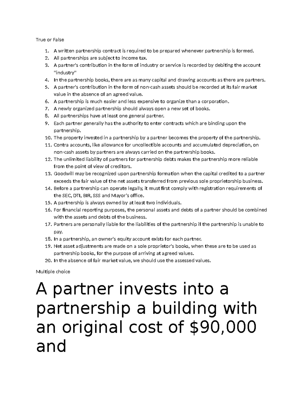 Partnership-Quiz - Activity - True or False 1. A written partnership ...
