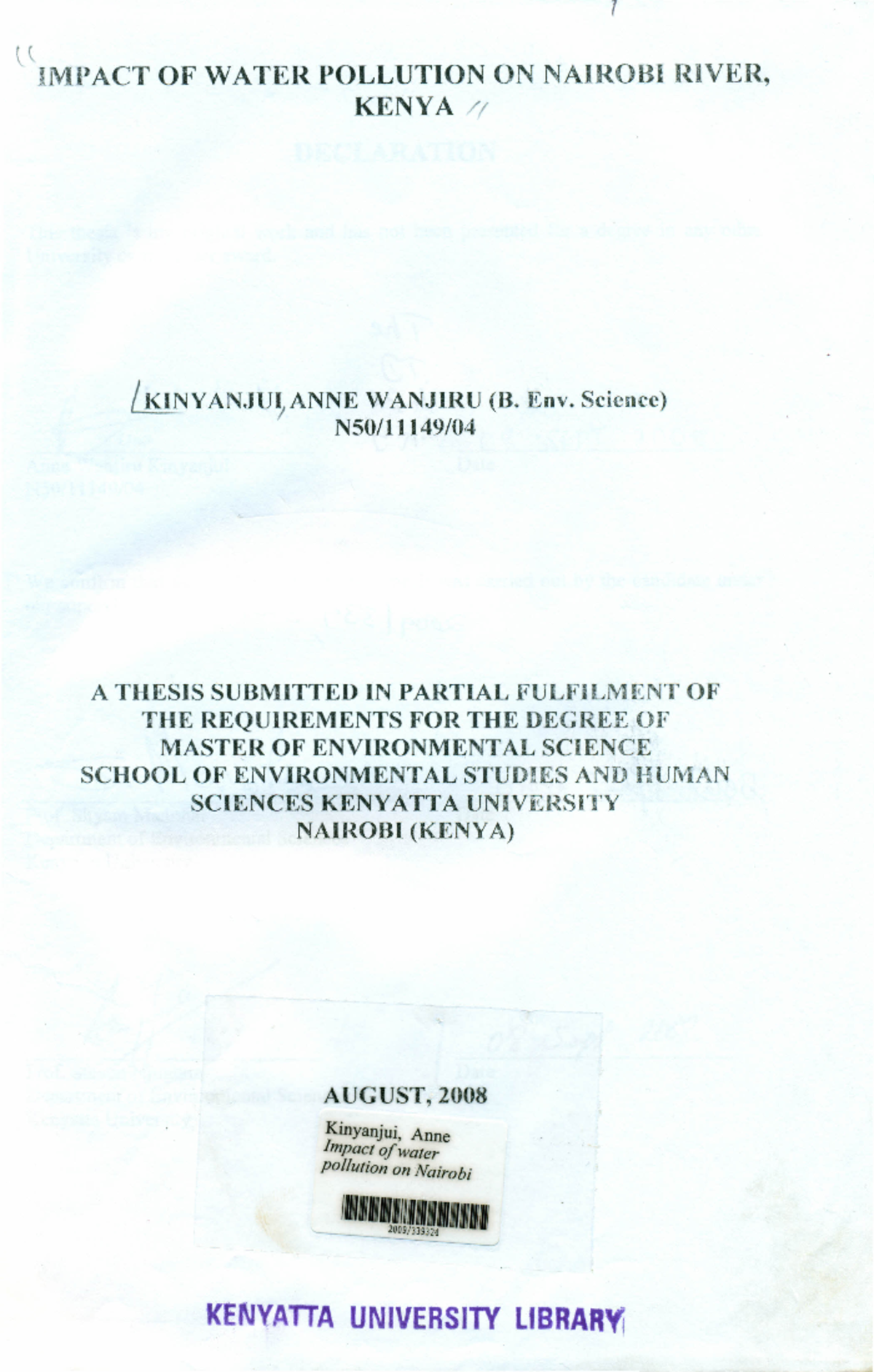 Impact of water pollution on Nairobi river, Kenya - 7 l\ IMI)ACT OF ...
