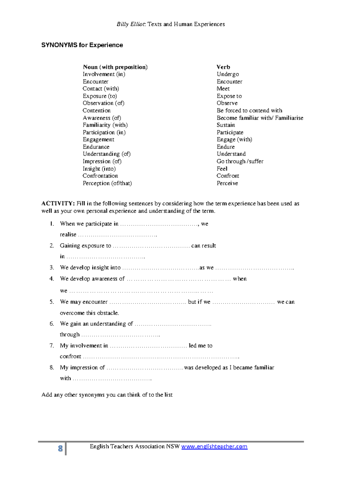 Synonyms for experience - Billy Elliot: Texts and Human Experiences 8 ...