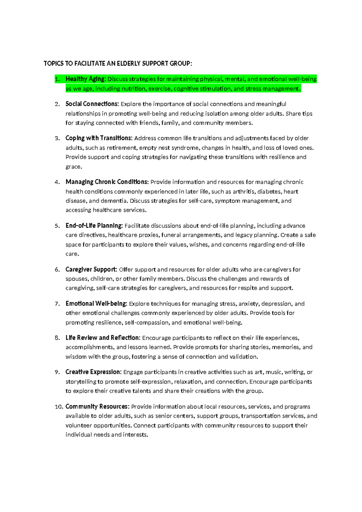 Elderly support group - TOPICS TO FACILITATE AN ELDERLY SUPPORT GROUP ...