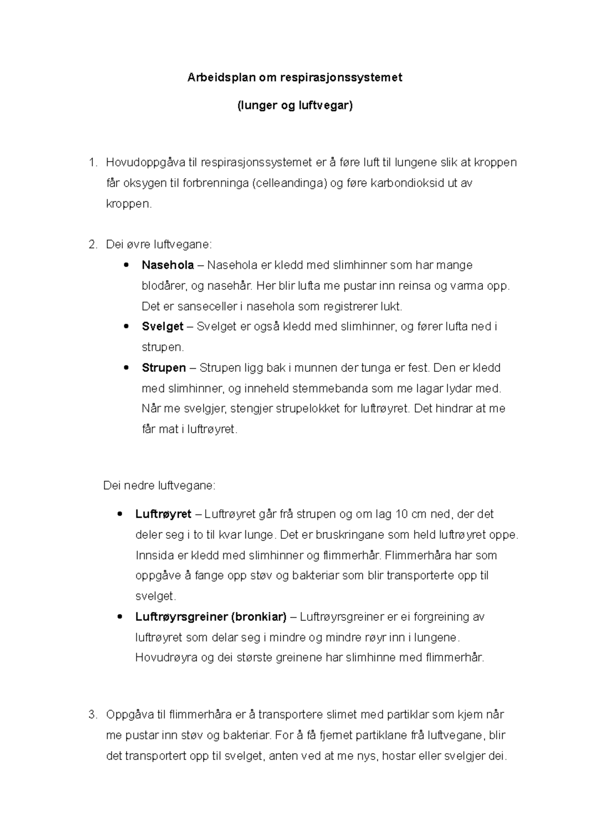Arbeidsplan om respirasjonssystemet - Arbeidsplan om ...
