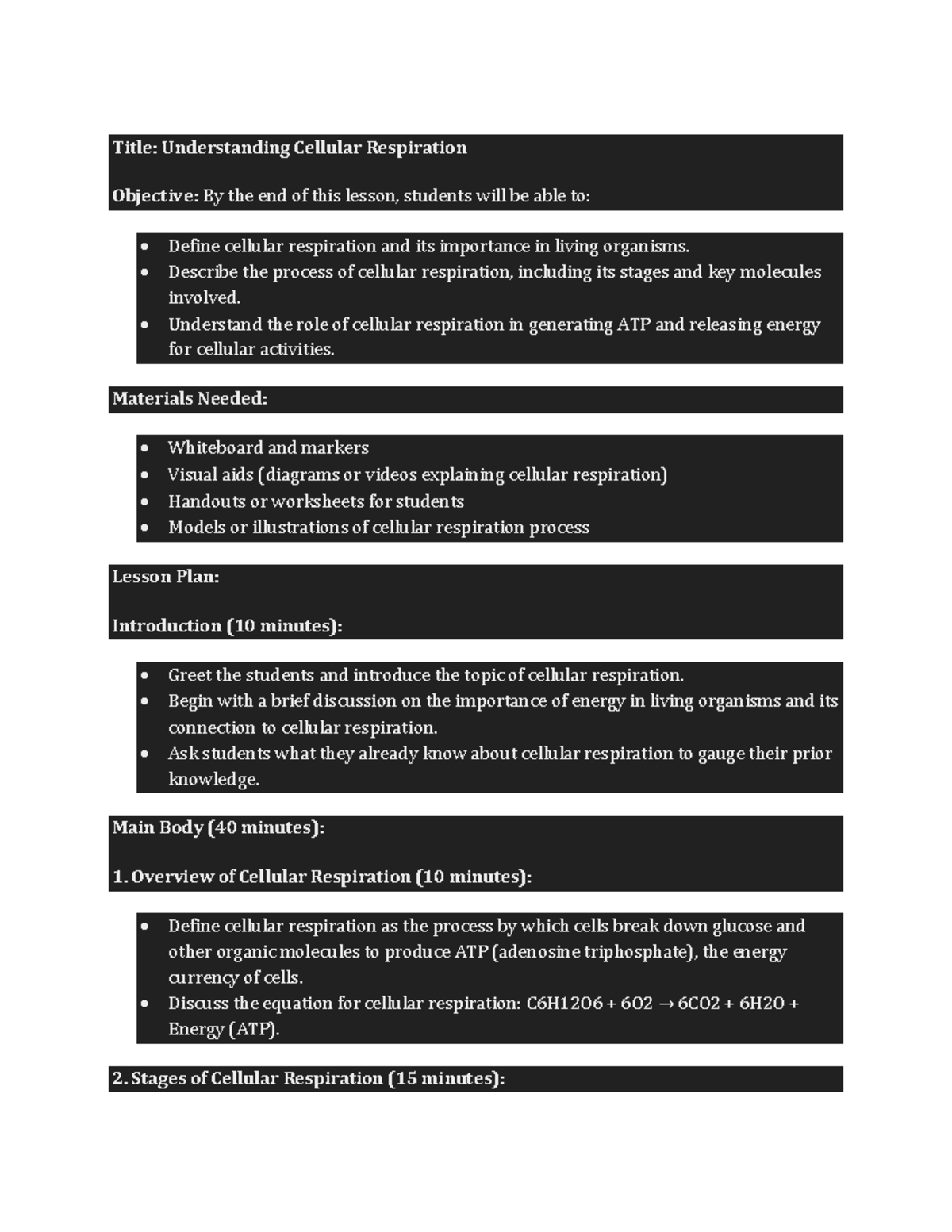 Biology Study Plan - Title: Understanding Cellular Respiration ...