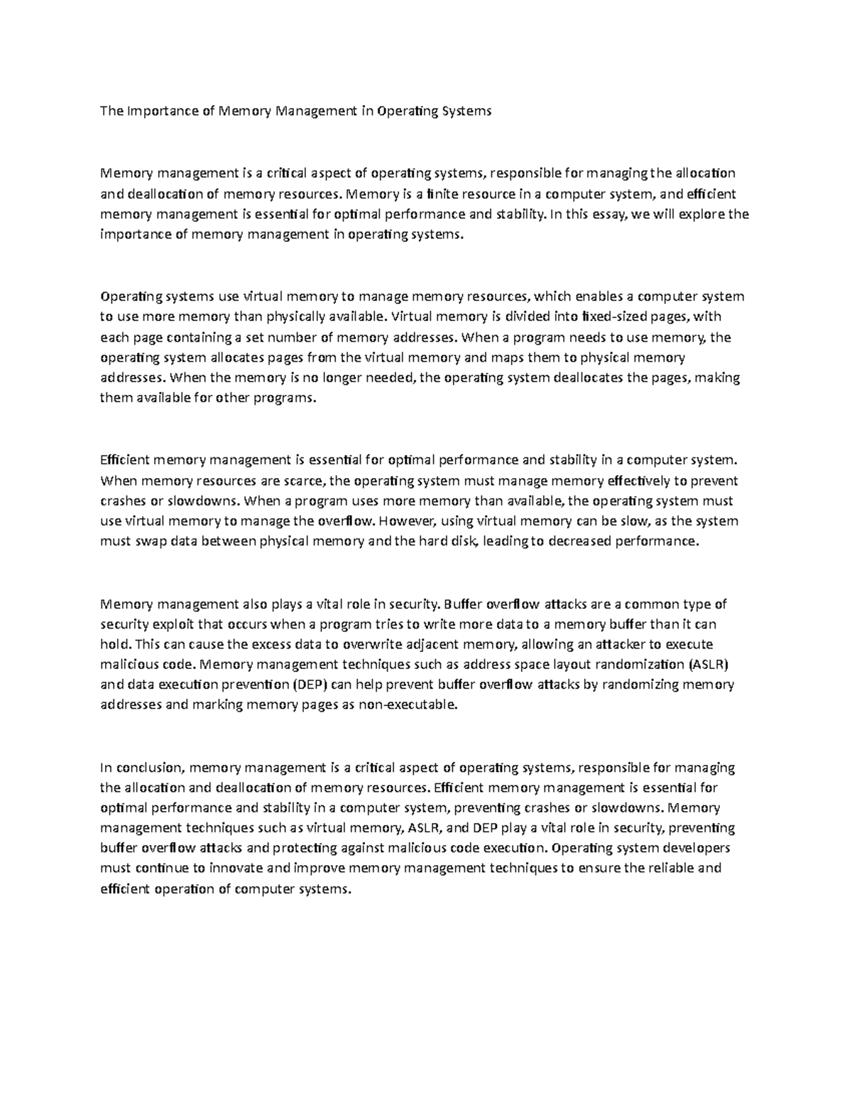 The Importance of Memory Management in Operating Systems - Memory is a ...