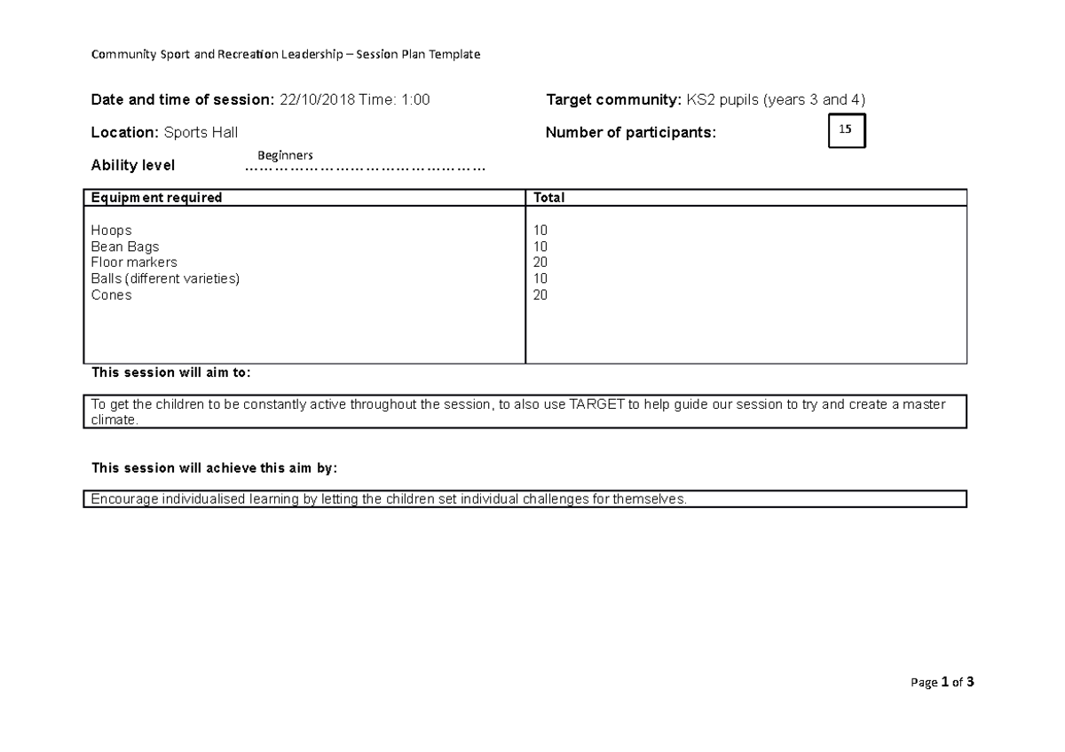 15 MIN Session PLAN - Community Sport and Recreation Leadership ...
