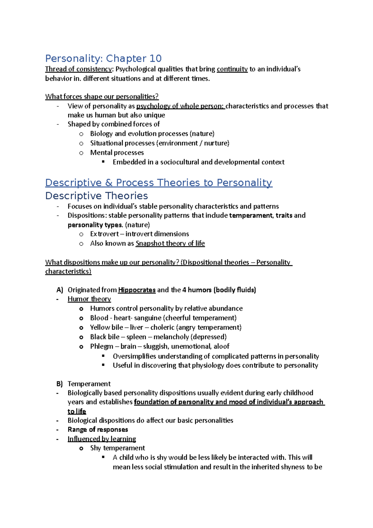 Chapter 10 Personality notes - Personality: Chapter 10 Thread of ...