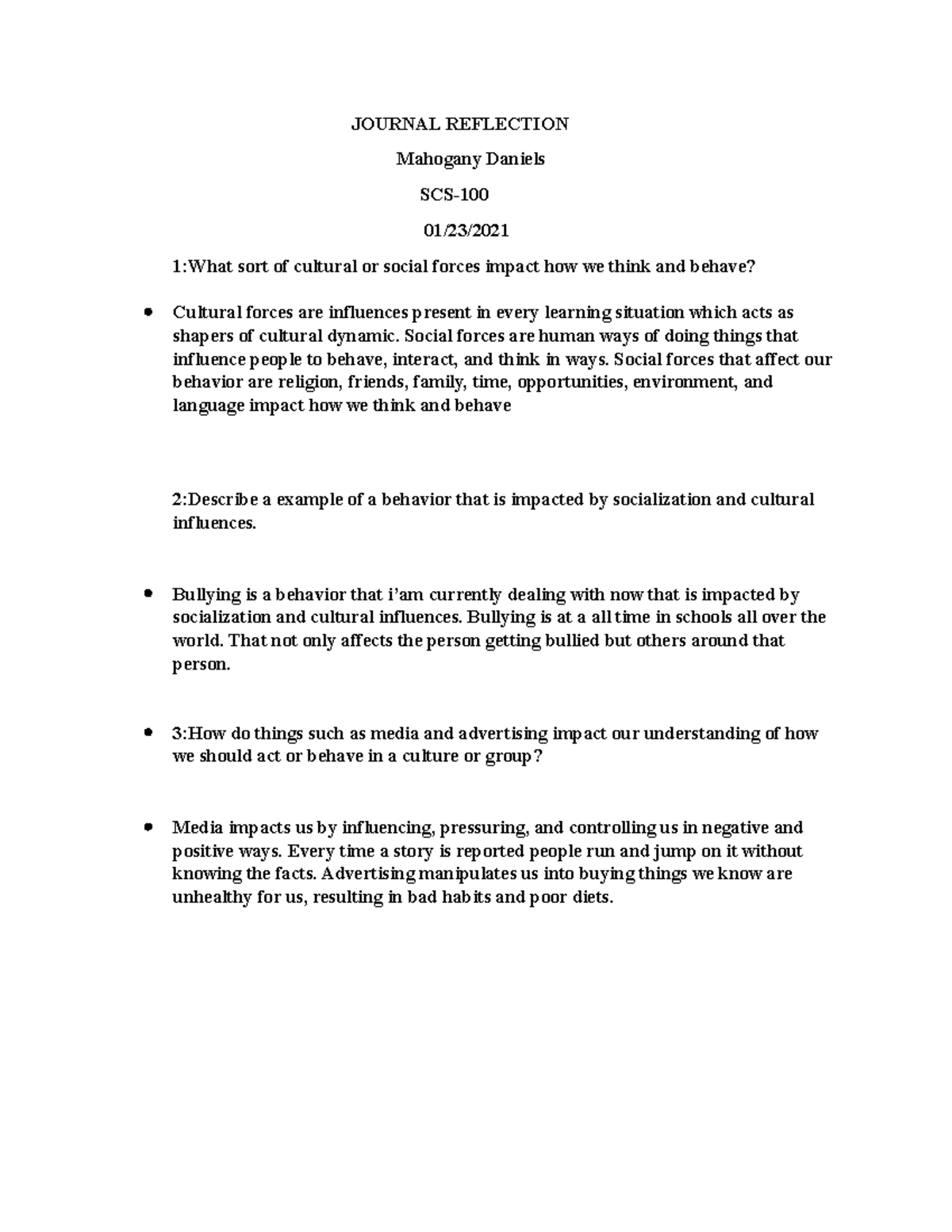 Journal Reflection - HOMEWORK - JOURNAL REFLECTION Mahogany Daniels SCS ...