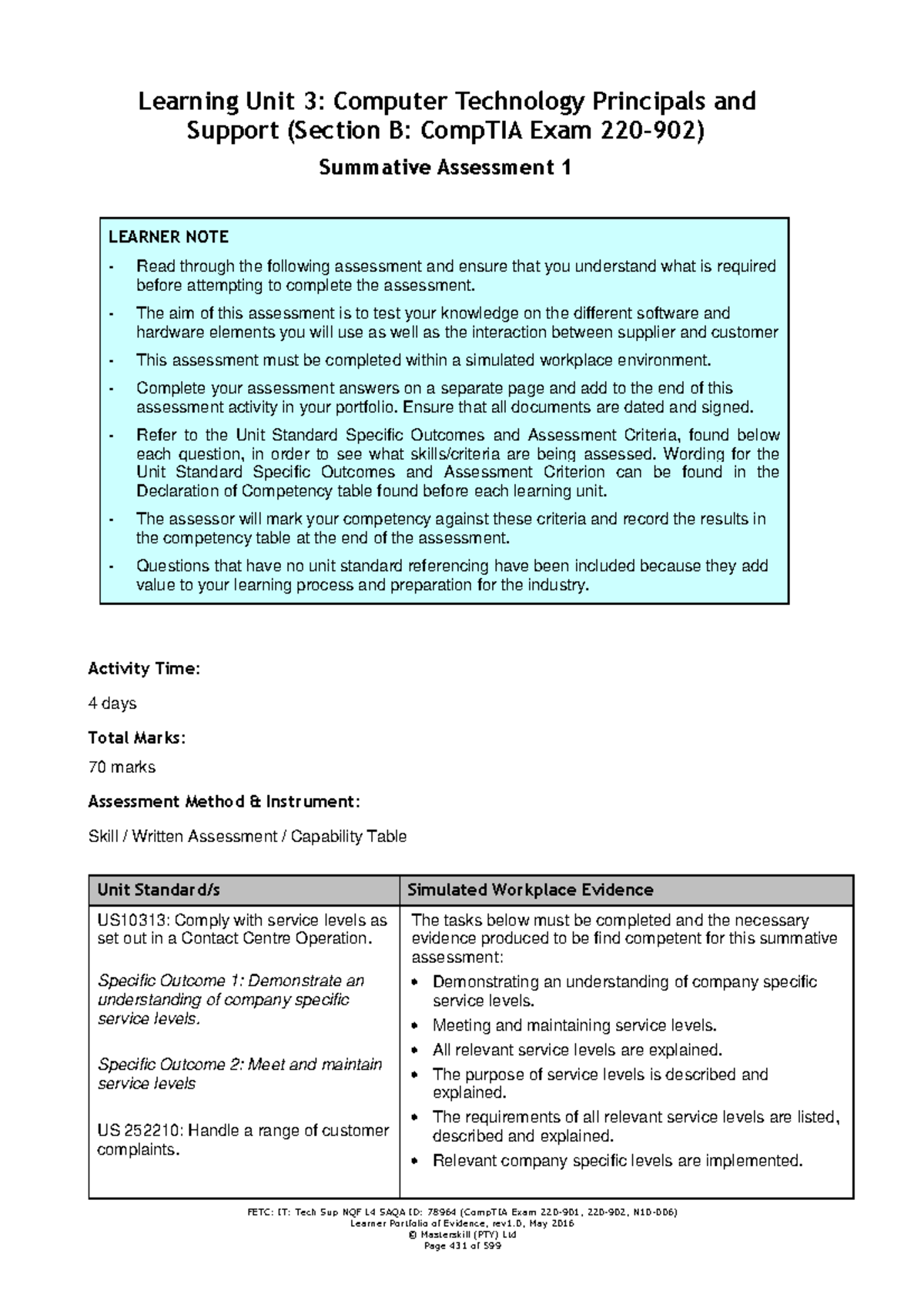 LU3 Sec B SA1A NQF95-369Po E rev1 - FETC: IT: Tech Sup NQF L4 SAQA ID ...