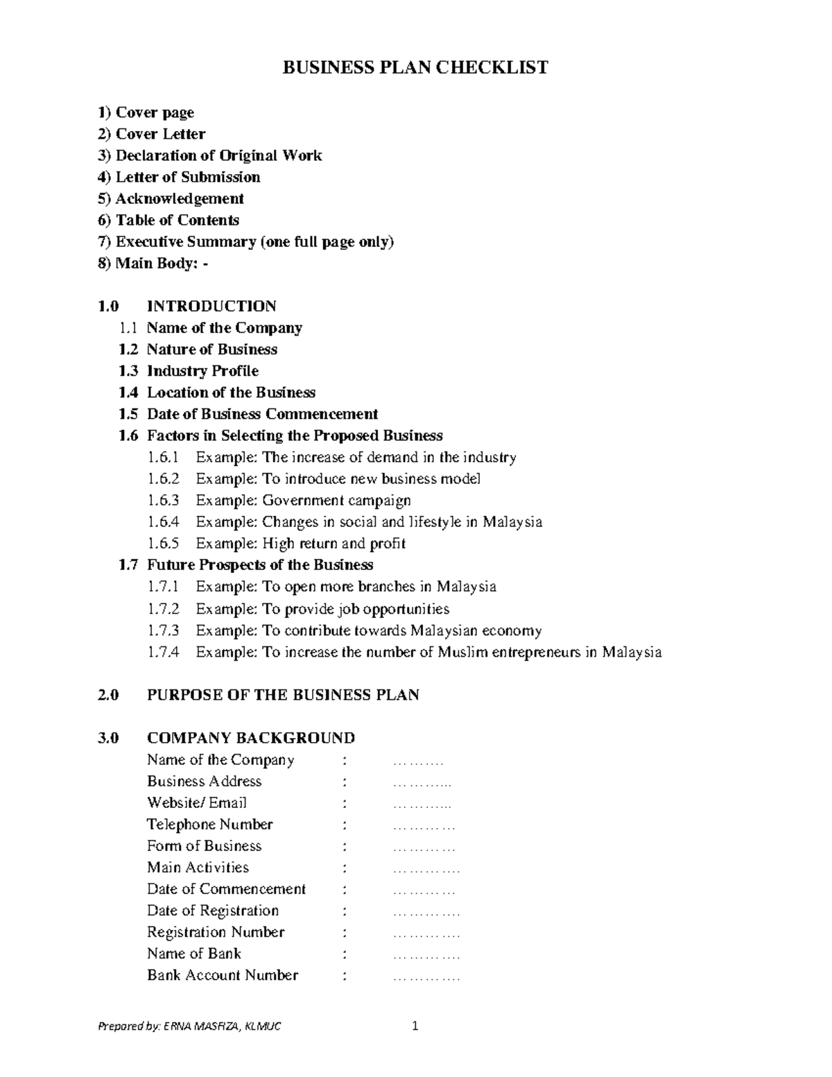 2. BPP Checklist - BUSINESS PLAN CHECKLIST 1) Cover page 2) Cover ...