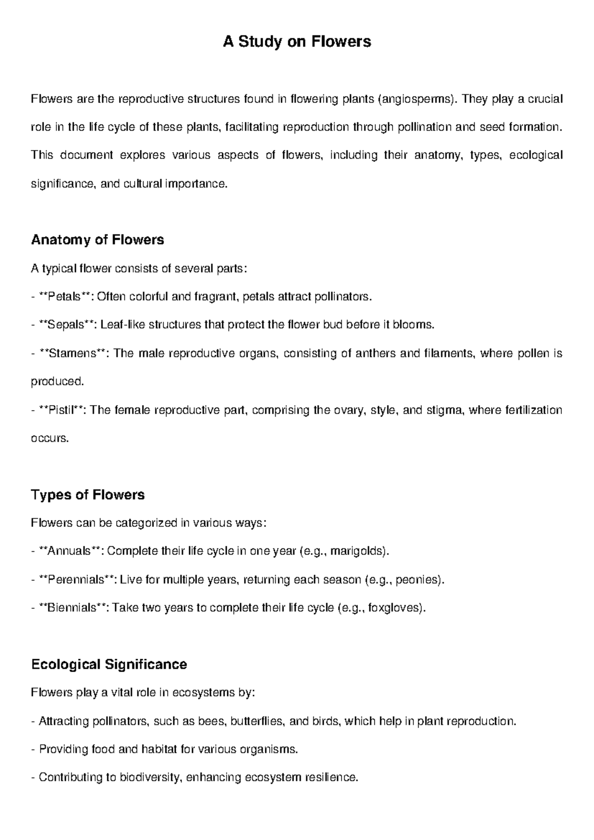 Study on flowers - A Study on Flowers Flowers are the reproductive ...