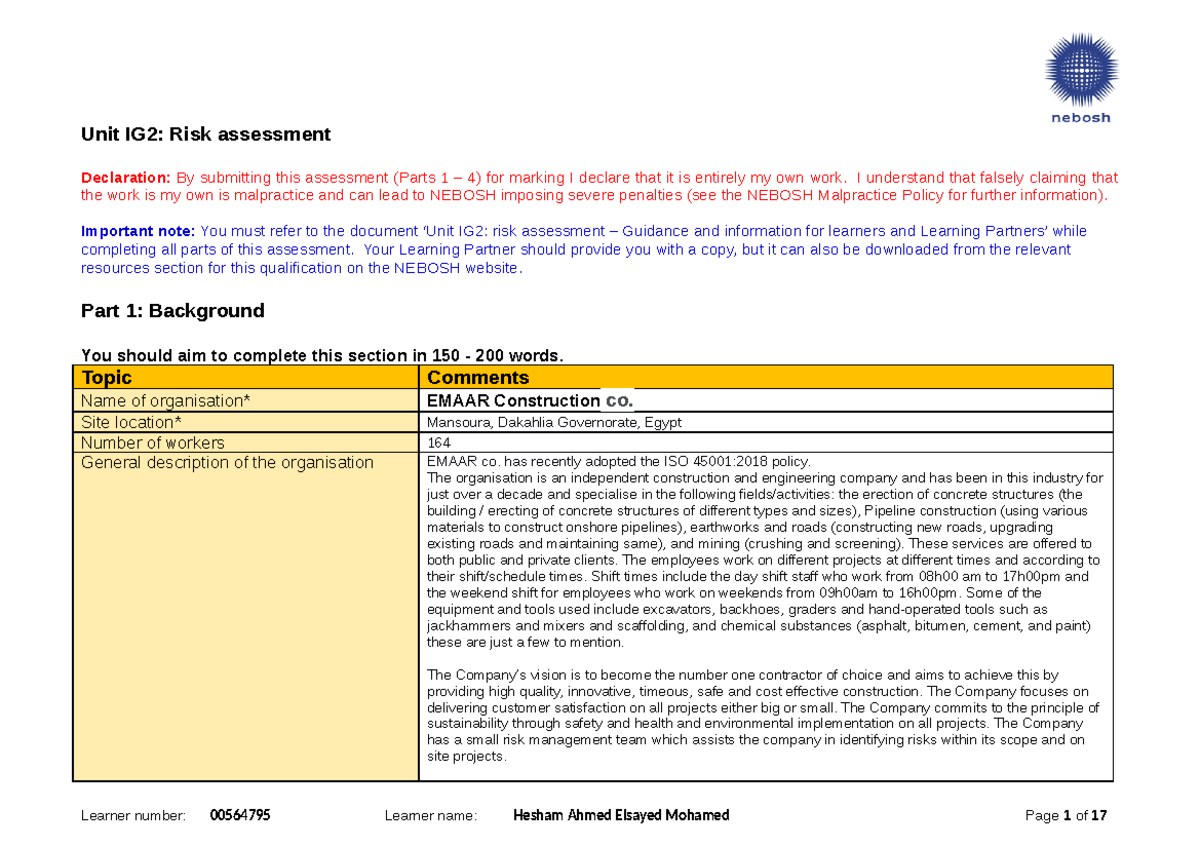 Hesham Ahmed Elsayed Mohammed 00564795 - Unit IG2: Risk assessment Declaration: By submitting ...