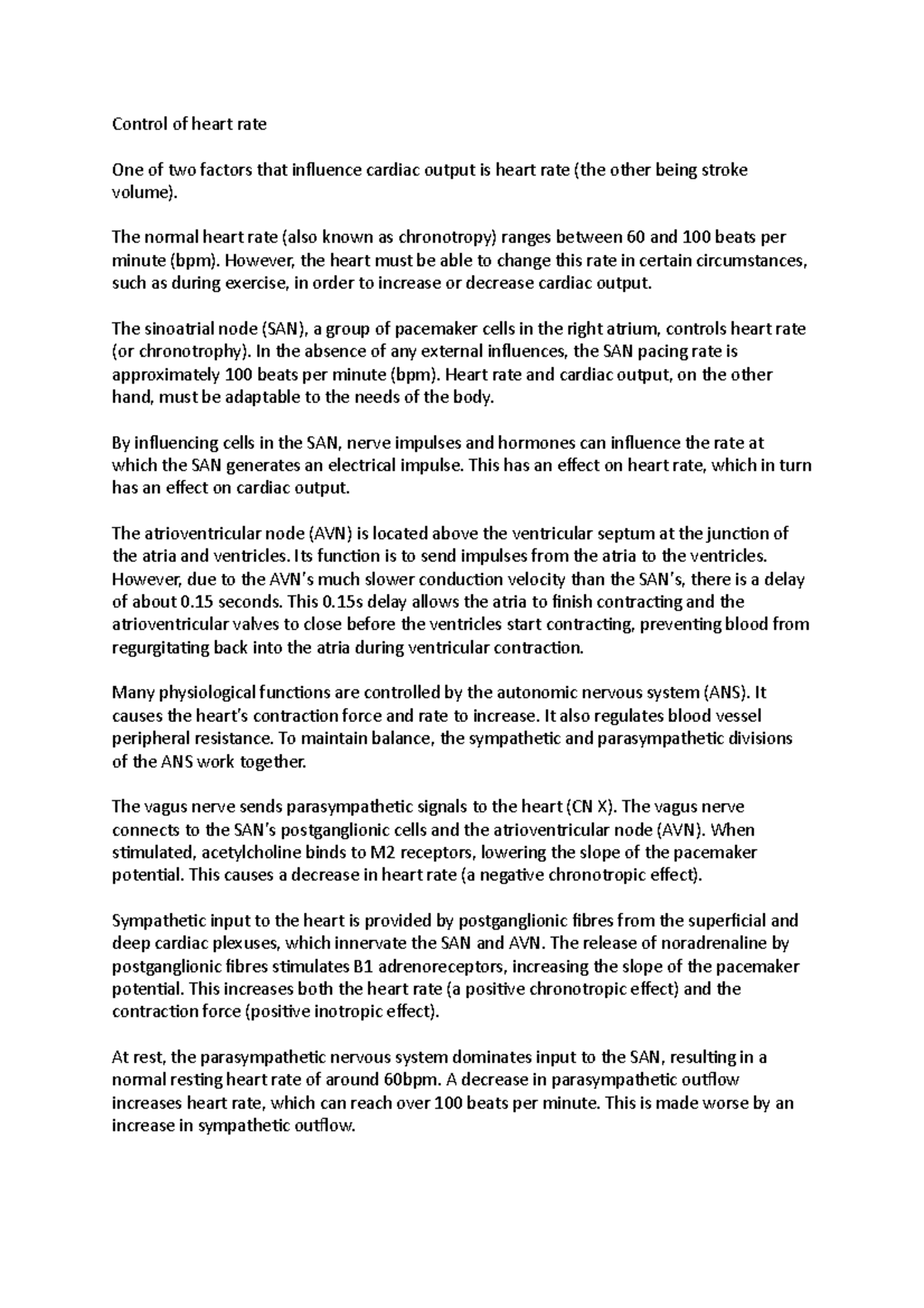 Control of heart rate - Physiology notes - Control of heart rate One of ...