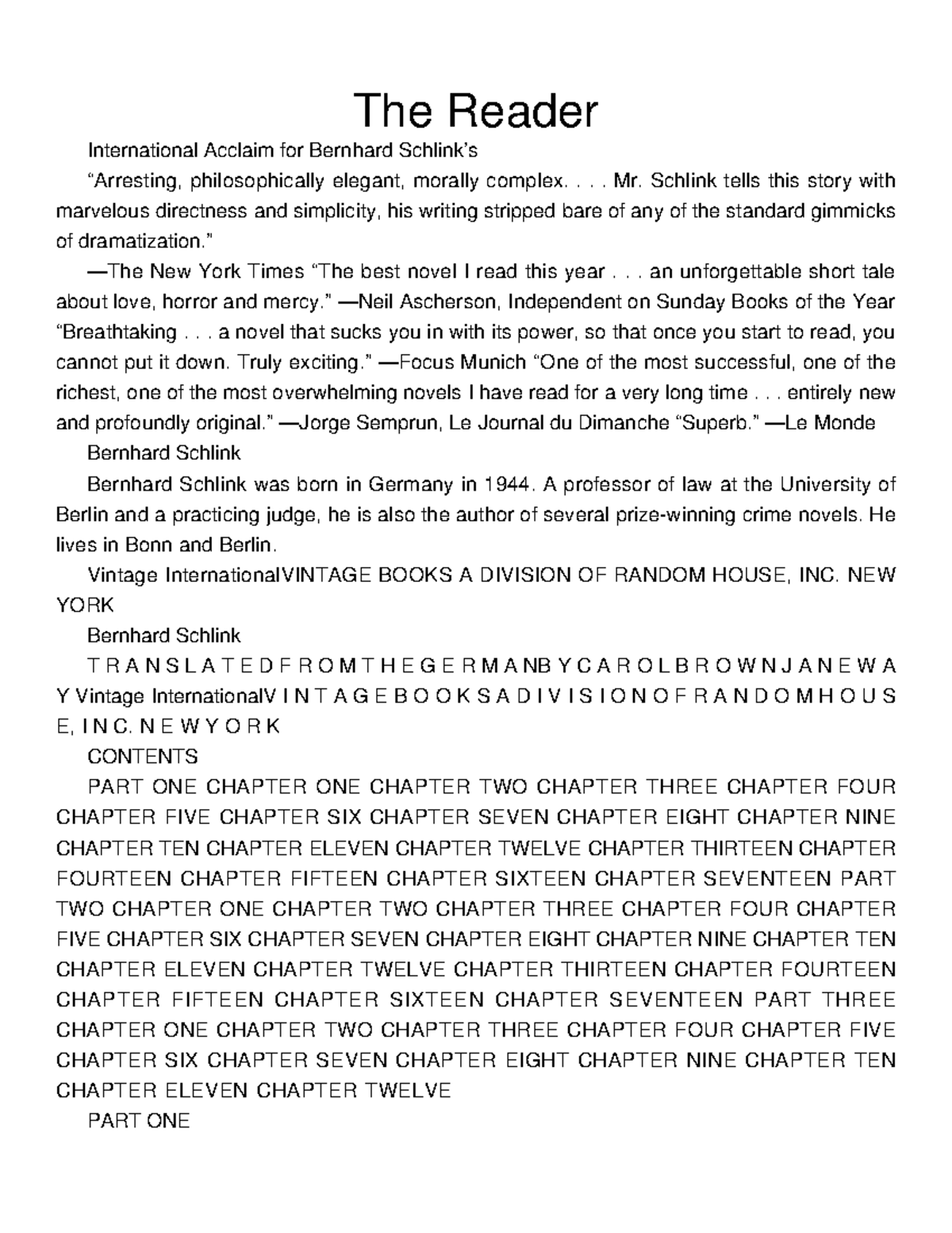 The Reader - Bernhard Schlink - 1997 - Pantheon Books - 9780679442790 ...