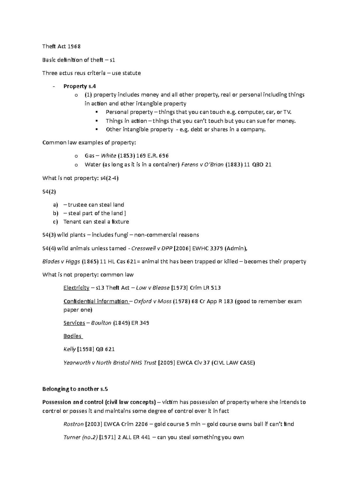 T2W2 - Theft Robbery - Lecture notes - Theft Act 1968 Basic definition ...