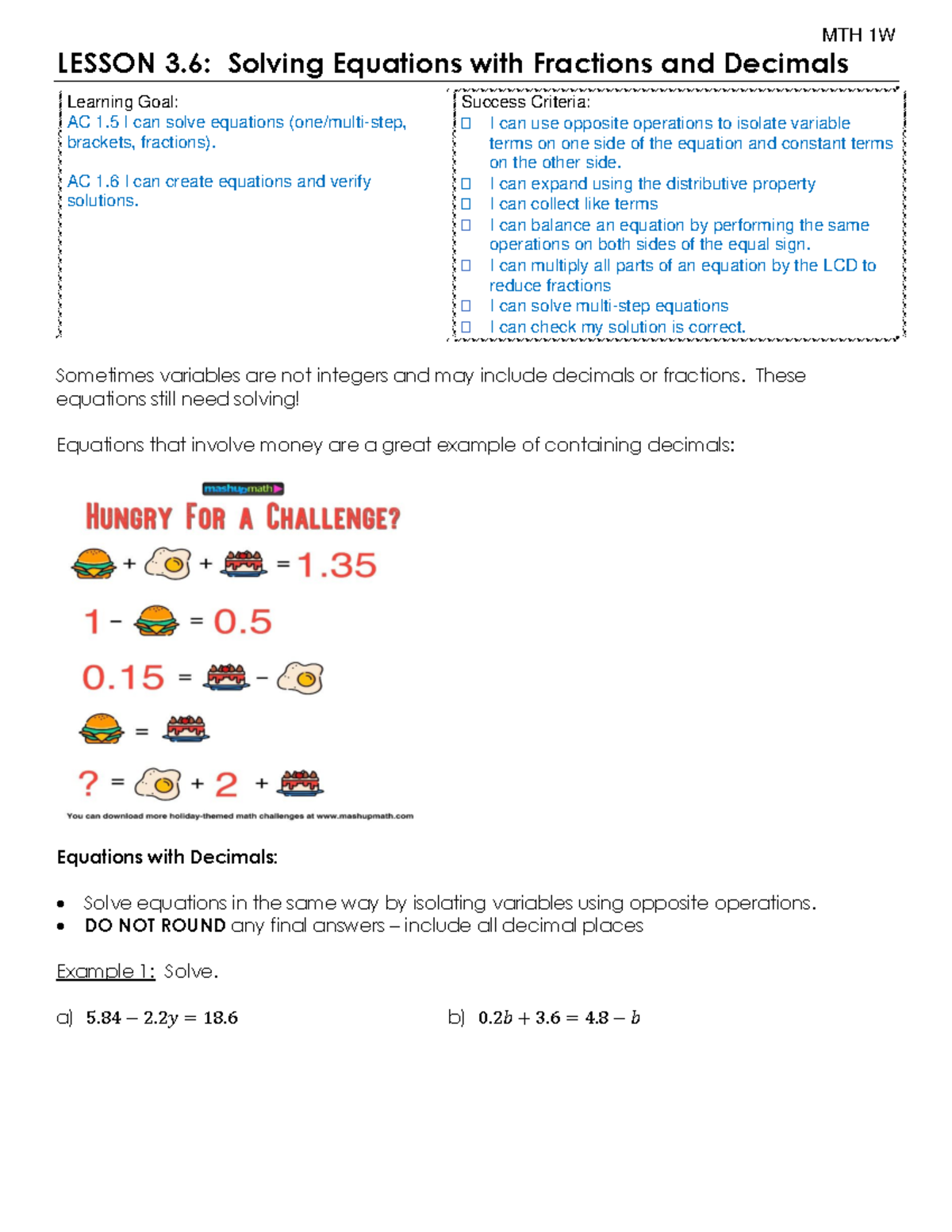 Solving Equations with Fractions and Decimals - MTH 1W LESSON 3 ...