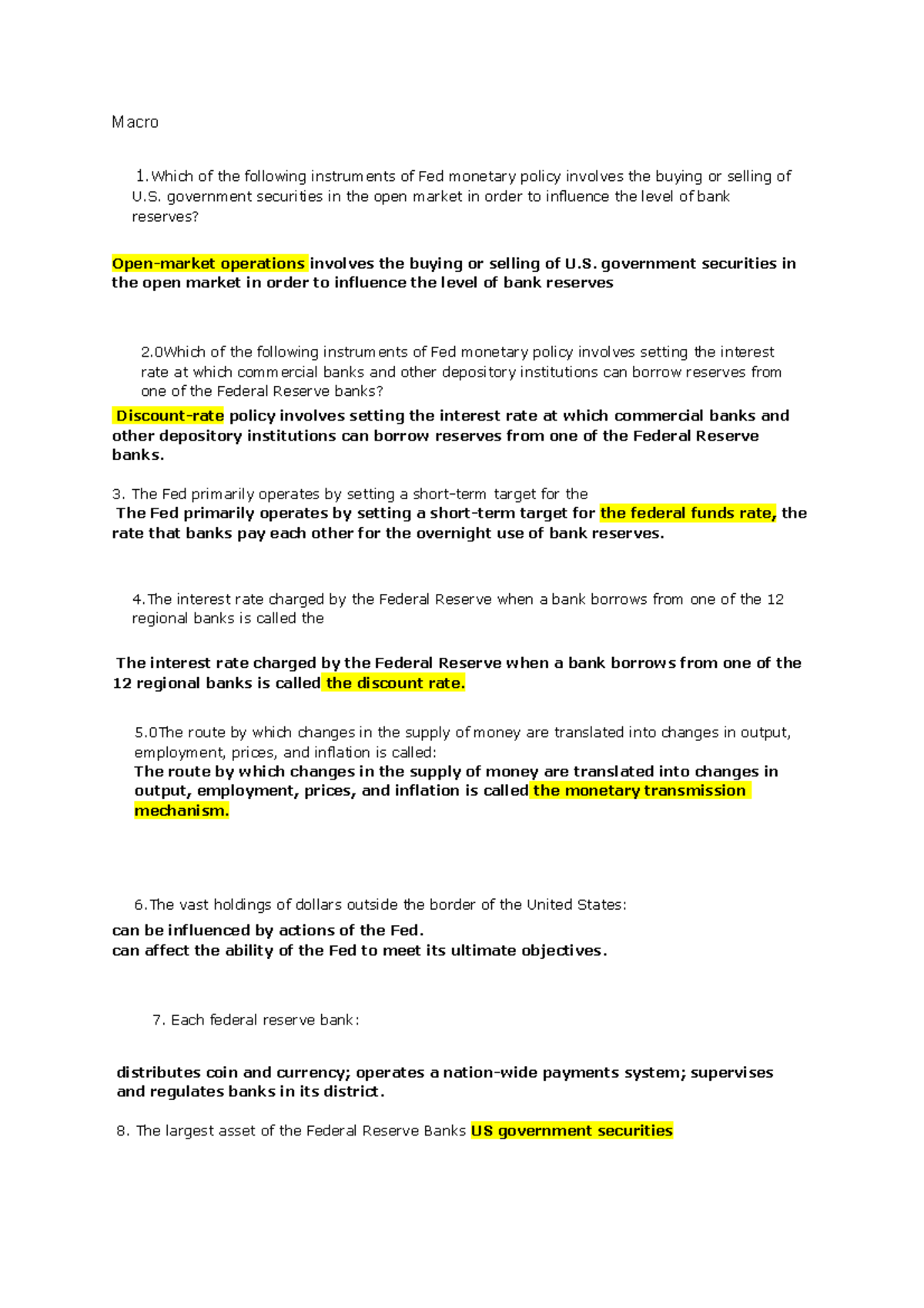 Economic - Note of course - Macro 1 of the following instruments of Fed ...