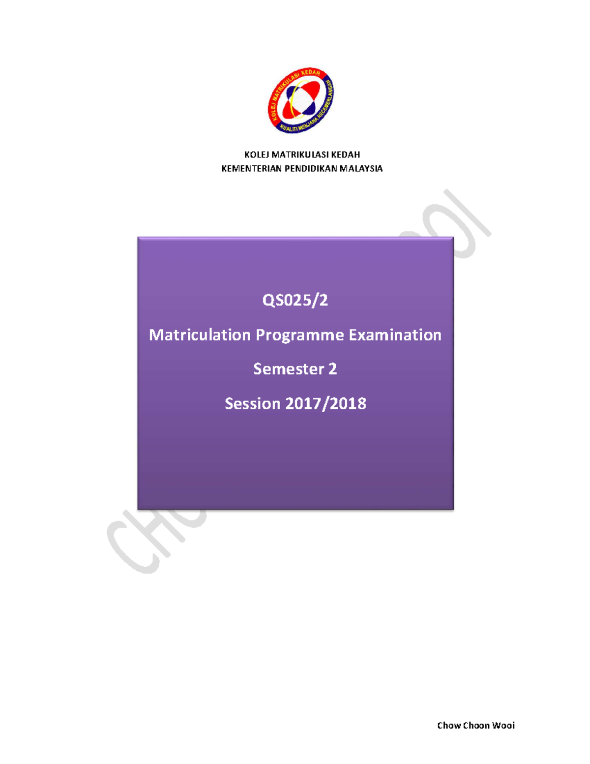 Solution Math Question - Chow Choon Wooi KOLEJ MATRIKULASI KEDAH ...