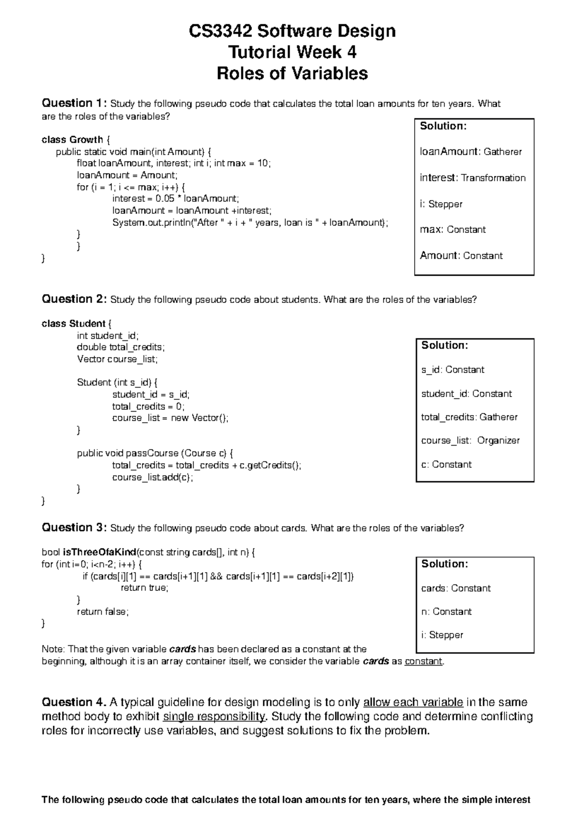 3342 T4 Roles of Variables Tutorial Answer-1 - CS3342 Software Design Tutorial Week 4 Roles of ...