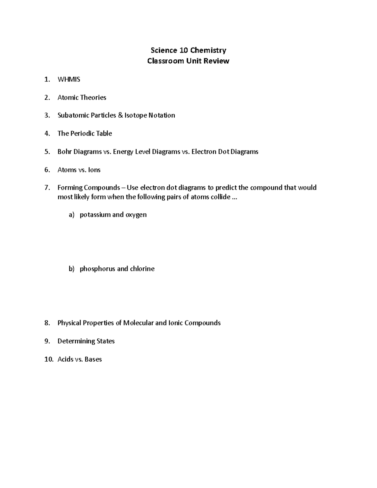 Extra Pract Chemistry Review - Science 10 Chemistry Classroom Unit ...