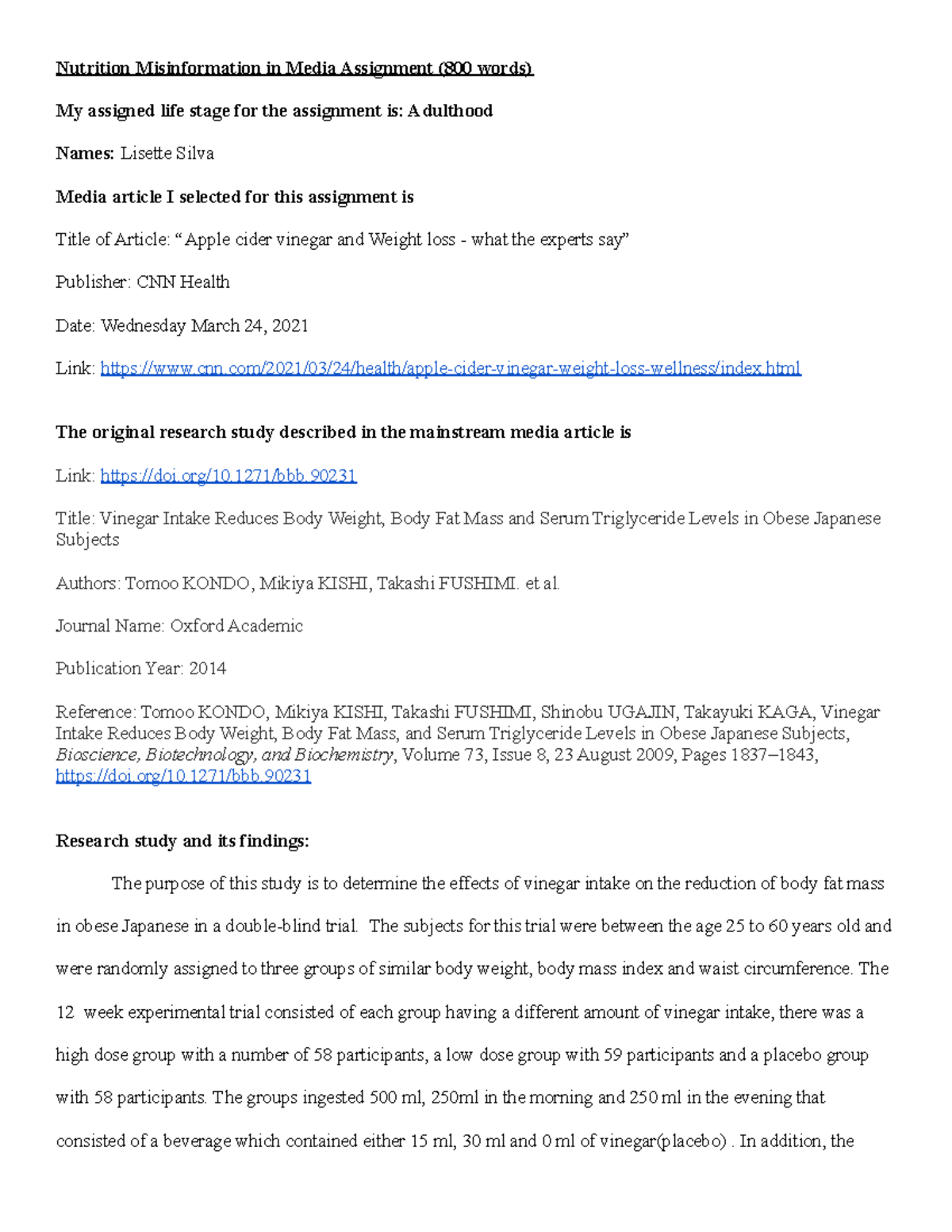 Group 18 Media Assignment - Nutrition Misinformation in Media Assignment (800 words) My assigned ...