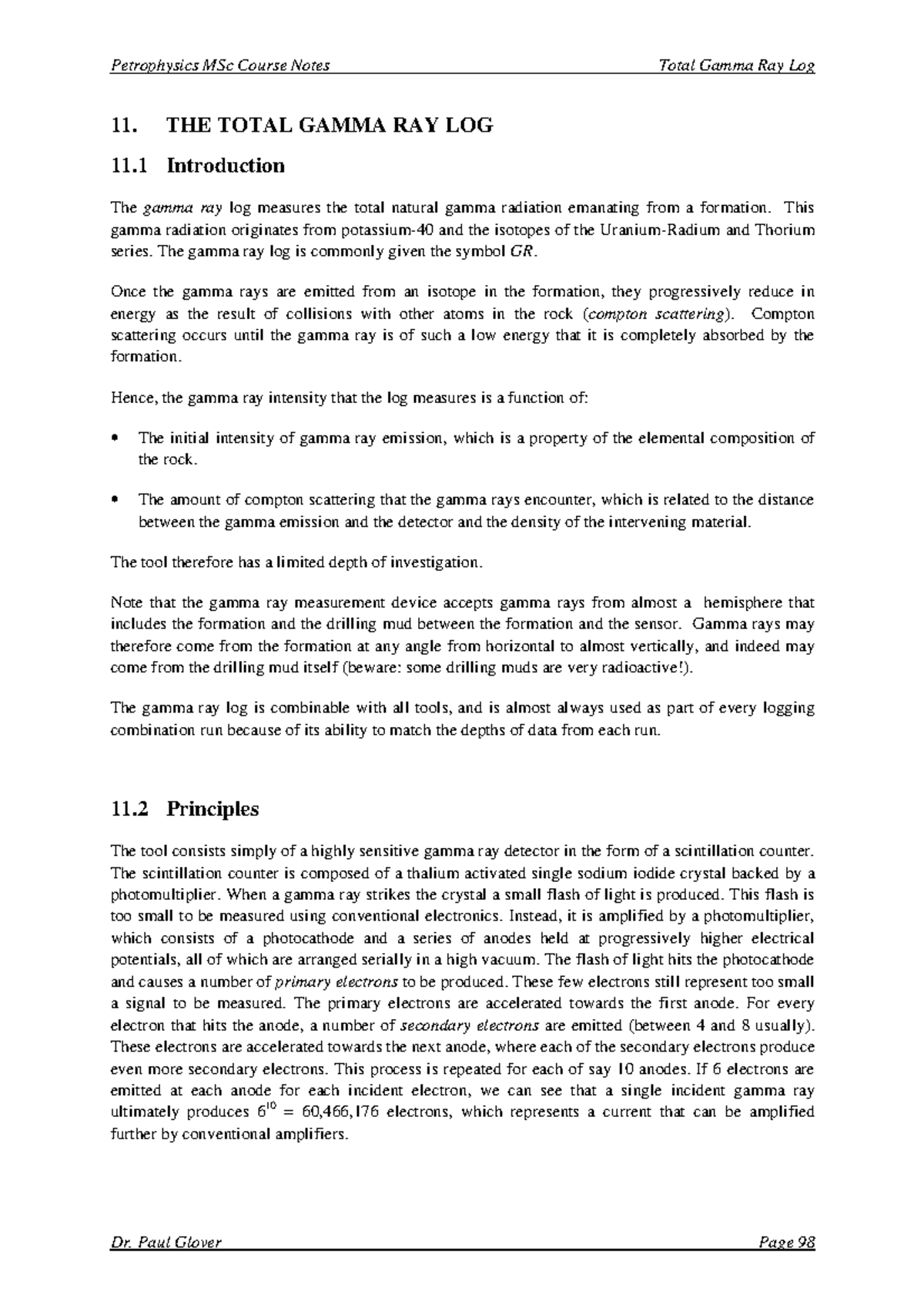 07 Gamma Ray Logging-II - 11. THE TOTAL GAMMA RAY LOG 11 Introduction ...