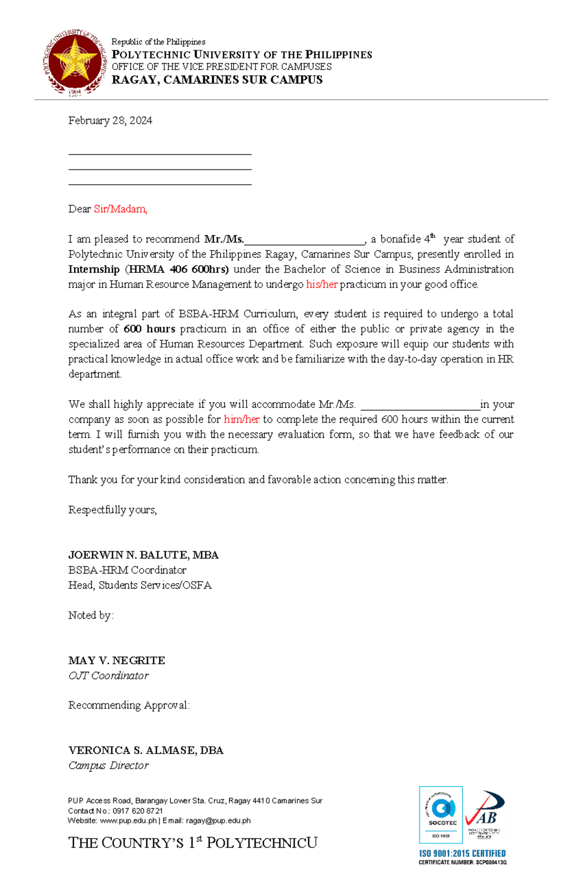OJT HRM-Letter-and-other-Requirements-2024-NEW - POLYTECHNIC UNIVERSITY OF THE PHILIPPINES ...