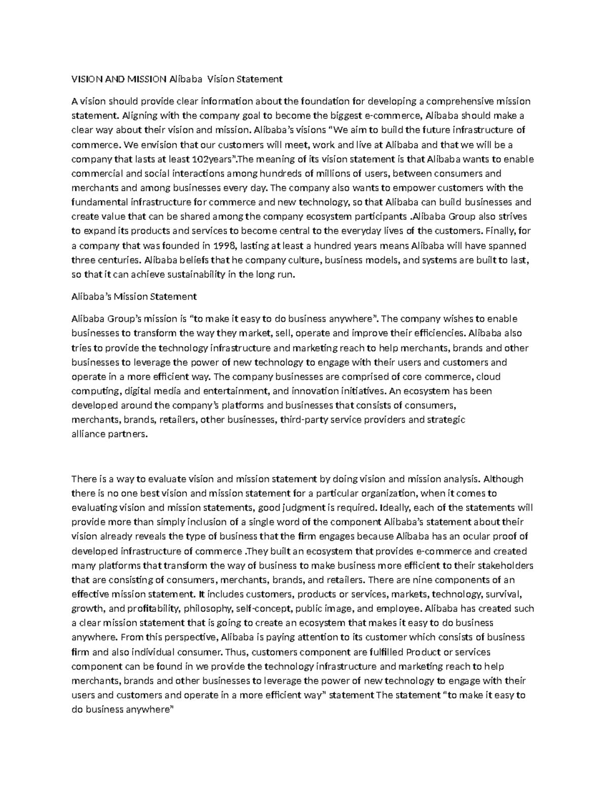 Vision AND Missionalibaba - VISION AND MISSION Alibaba Vision Statement ...