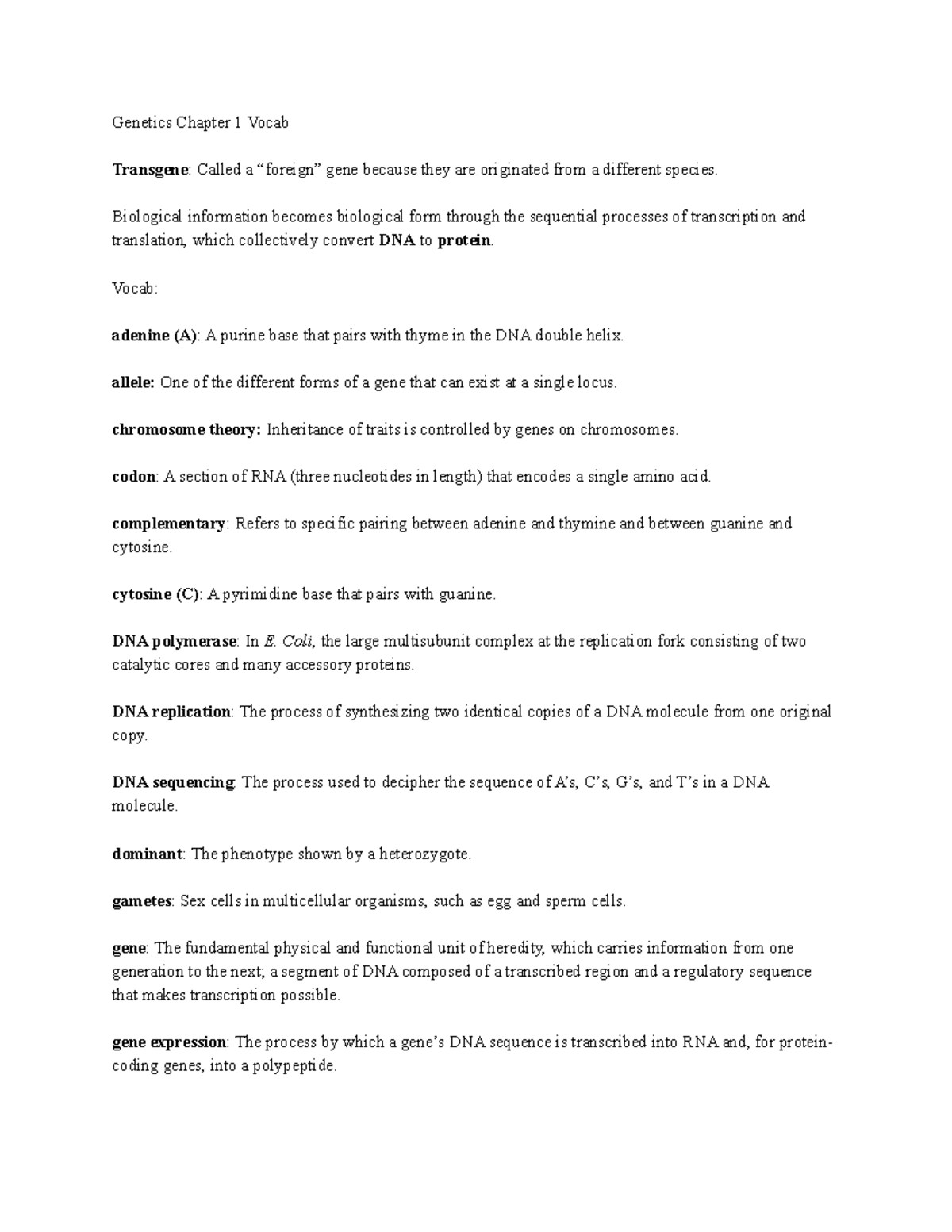 Genetics Chapter 1 Vocab - Genetics Chapter 1 Vocab Transgene: Called a ...