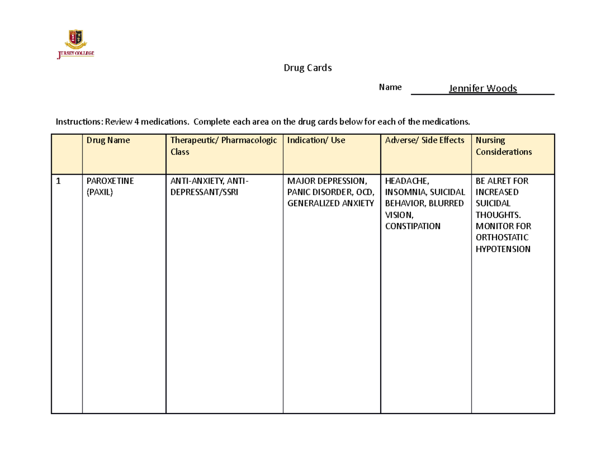Drug Cards Form (5 drug cards) - Drug Cards Name Jennifer Woods ...