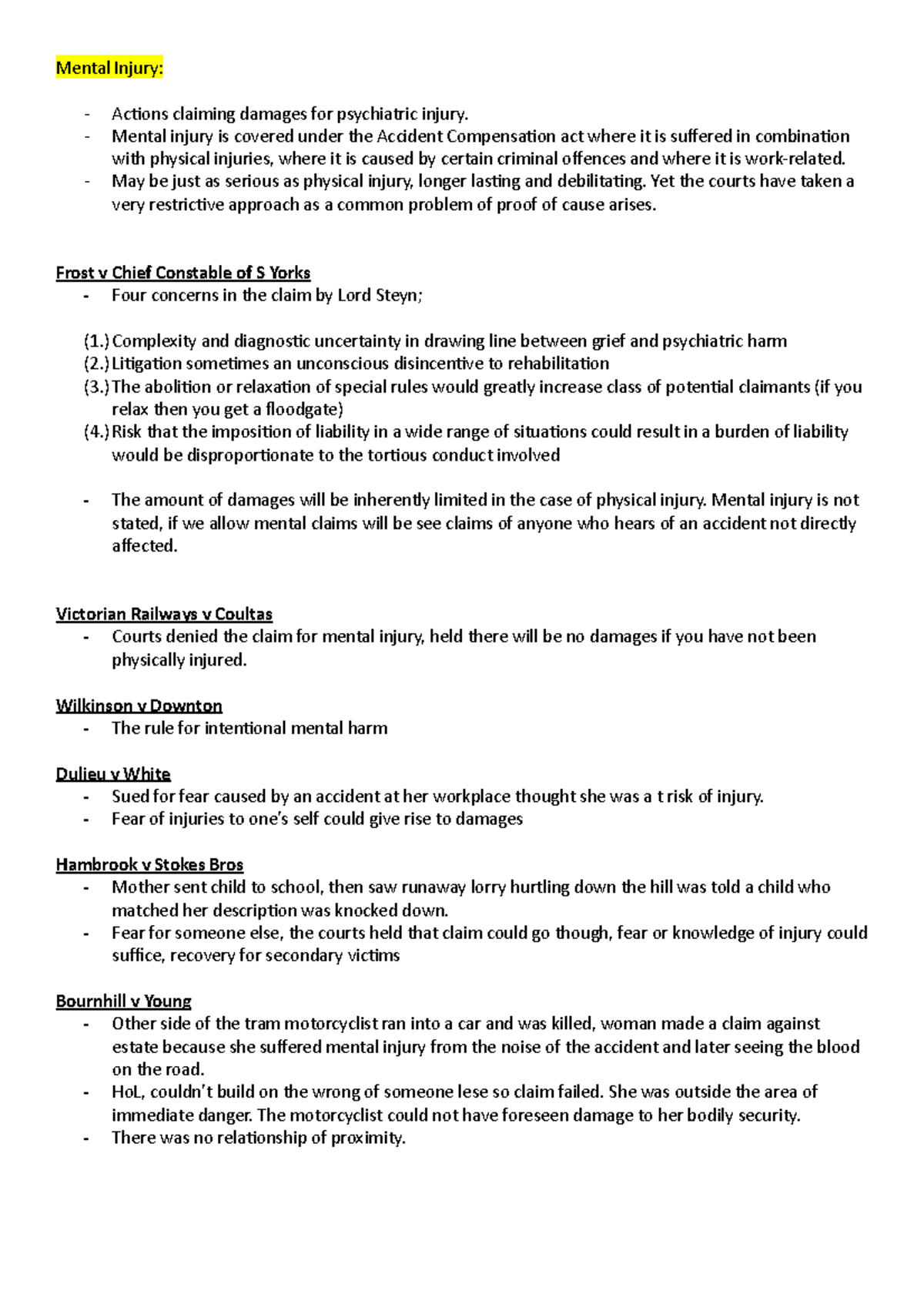 Mental Injury - Full notes from 2018 - Mental Injury: Actions claiming ...