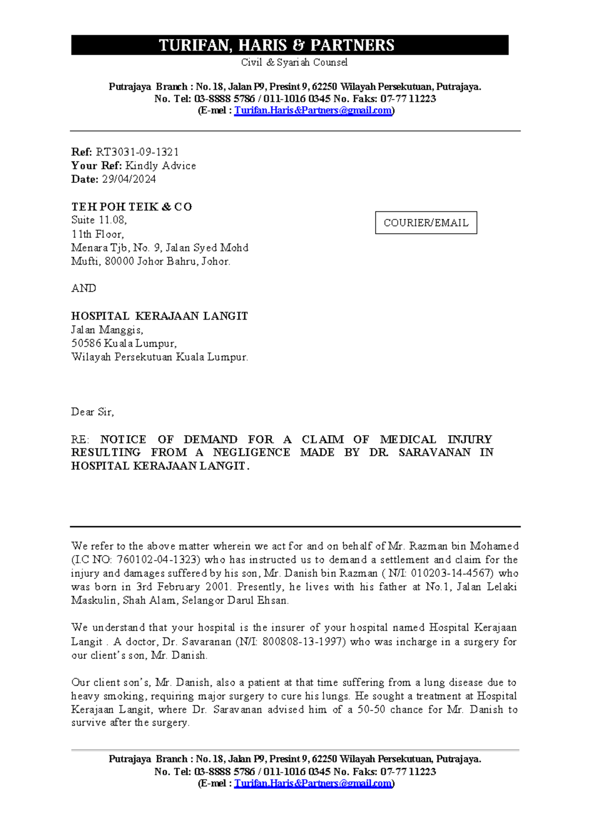 Letter OF Demand Turifan&CO - Putrajaya Branch : No. 18, Jalan P9 ...