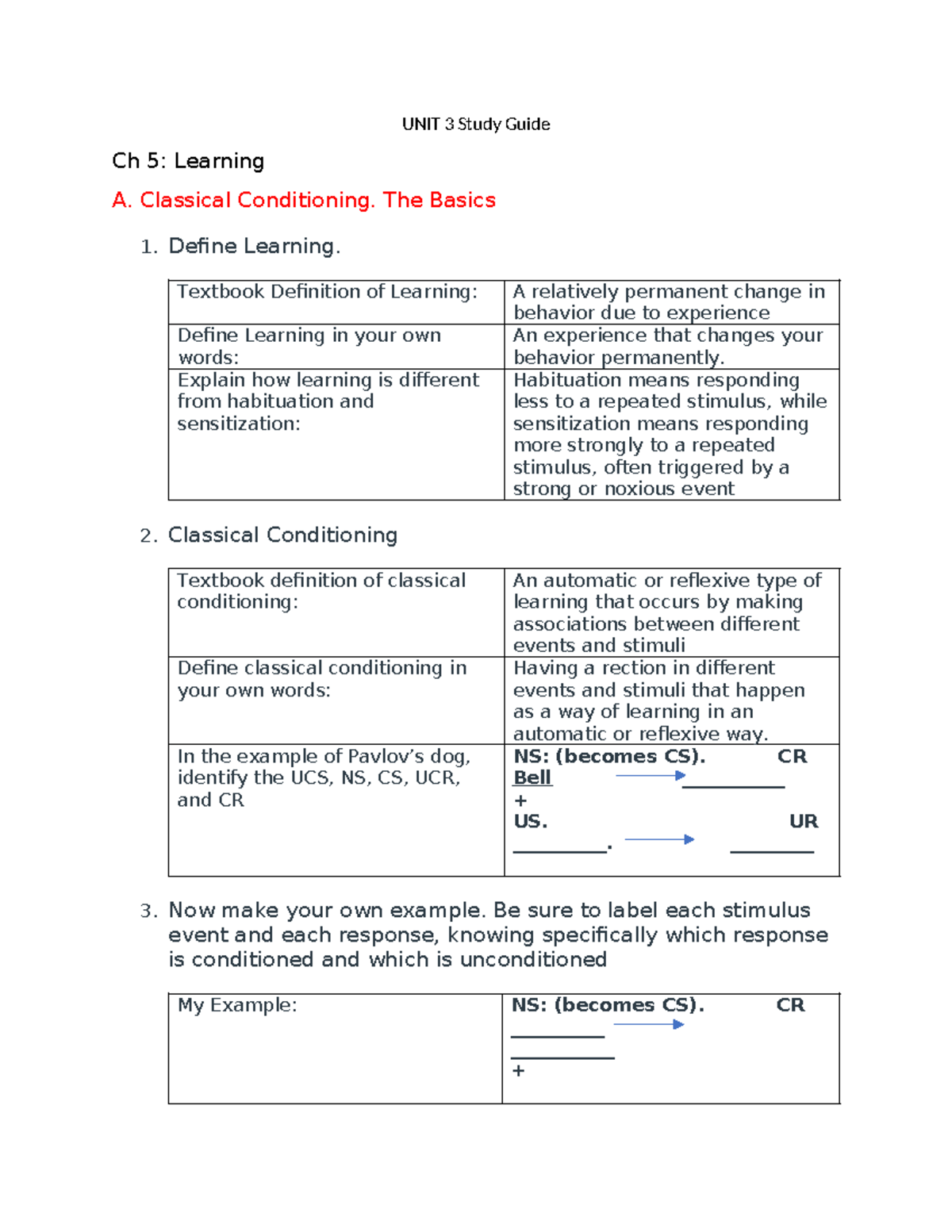 2024 UNIT 3 Study Guide - UNIT 3 Study Guide Ch 5: Learning A. Classical Conditioning. The ...