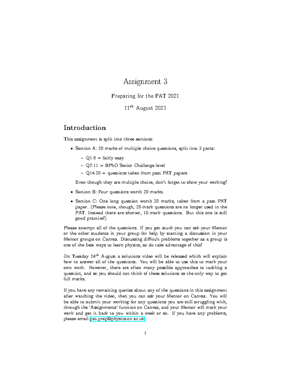 Assignment 3 - Section C: One long question worth 20 marks, taken from ...