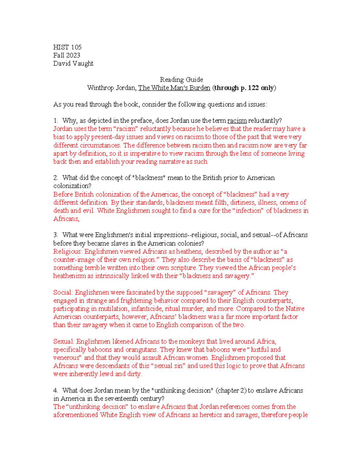 Jordan reading guide - HIST 105 Fall 2023 David Vaught Reading Guide ...