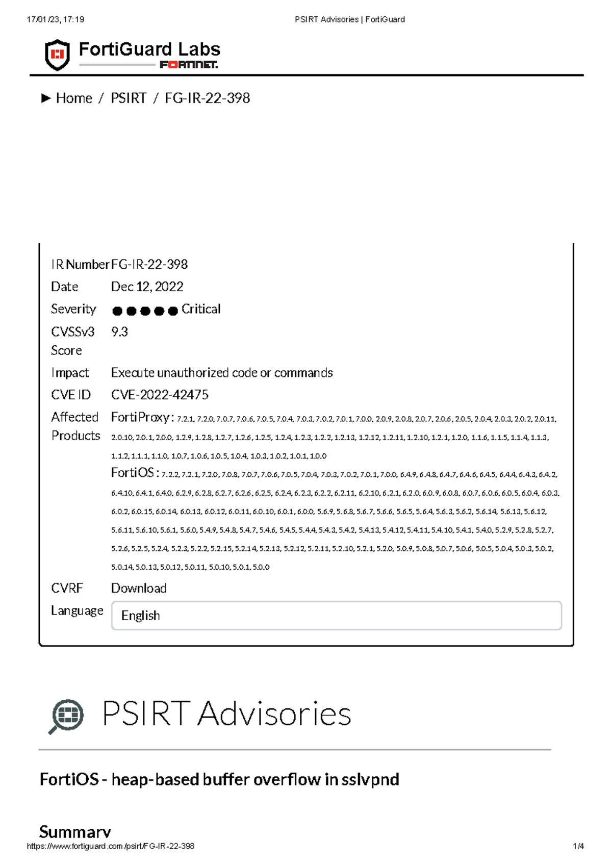 Psirt Advisories Forti Guard - FortiGuard Labs Home / PSIRT / FG-IR-22 ...
