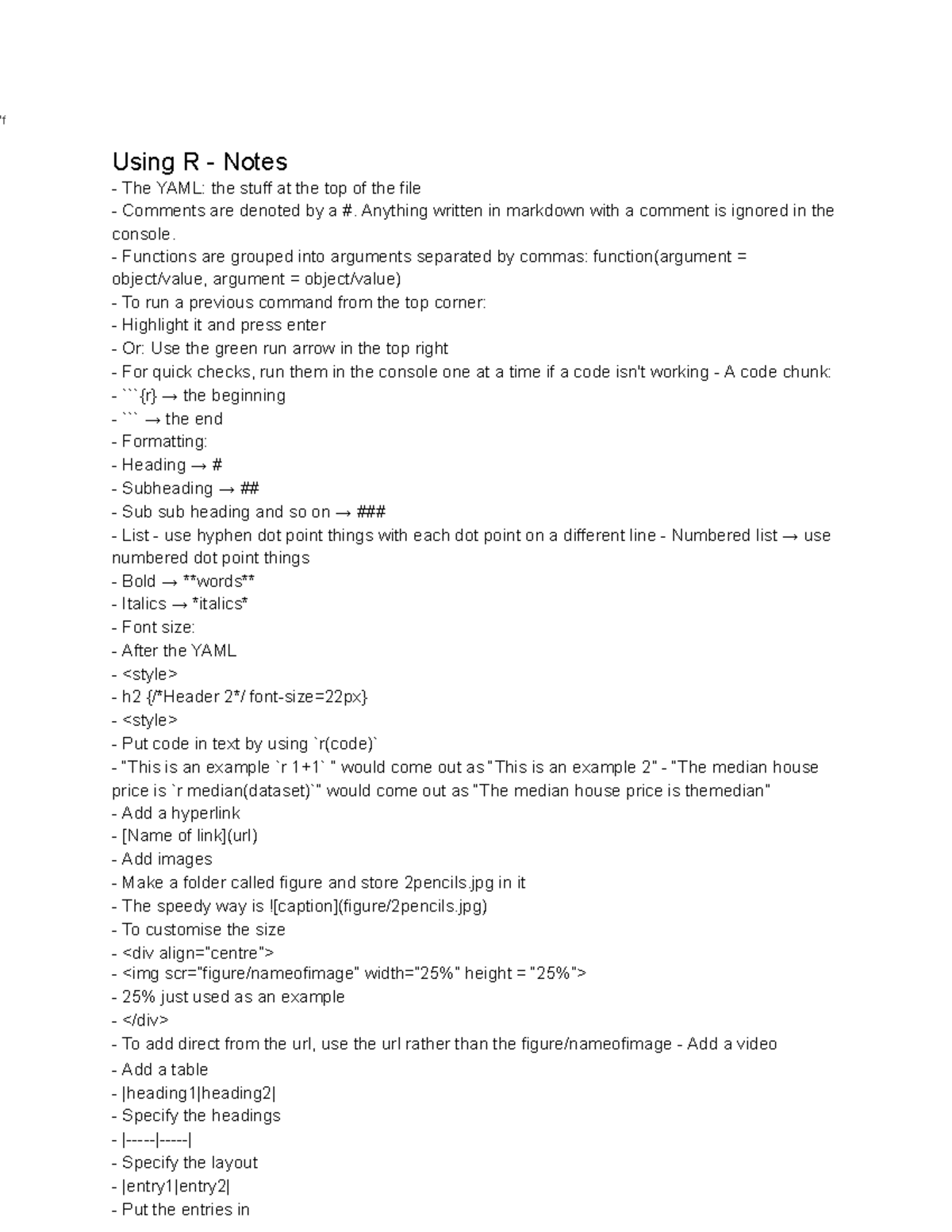 Data1001 final r studio notes - ‘f Using R - Notes The YAML: the stuff ...