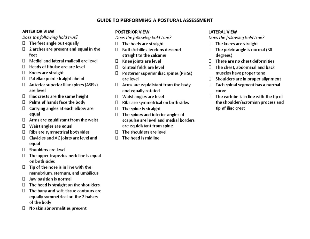 Postural Assessment Guide #1 - GUIDE TO PERFORMING A POSTURAL ...