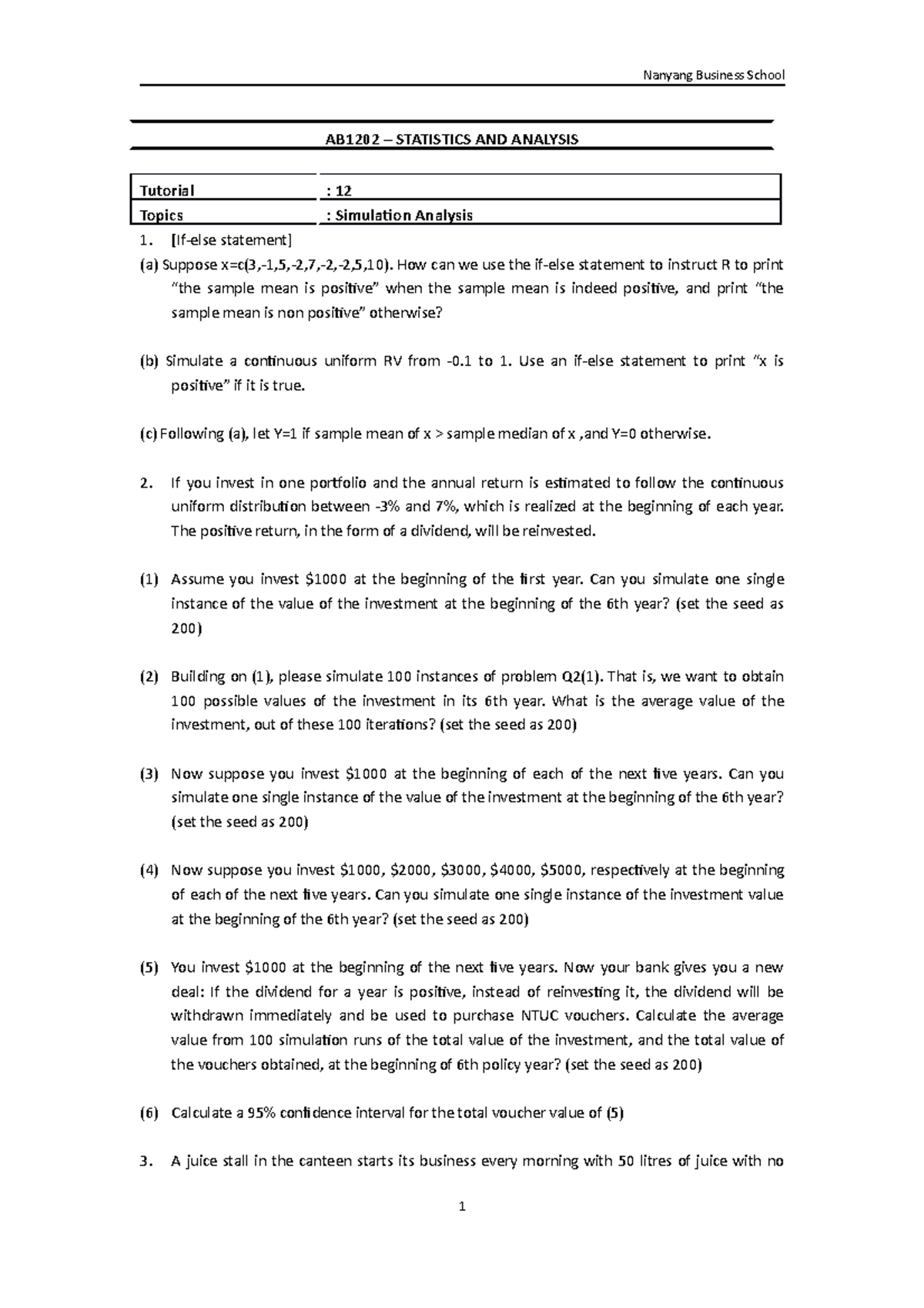 Questions week 12 - Nanyang Business School AB1202 – STATISTICS AND ANALYSIS Tutorial : 12 ...