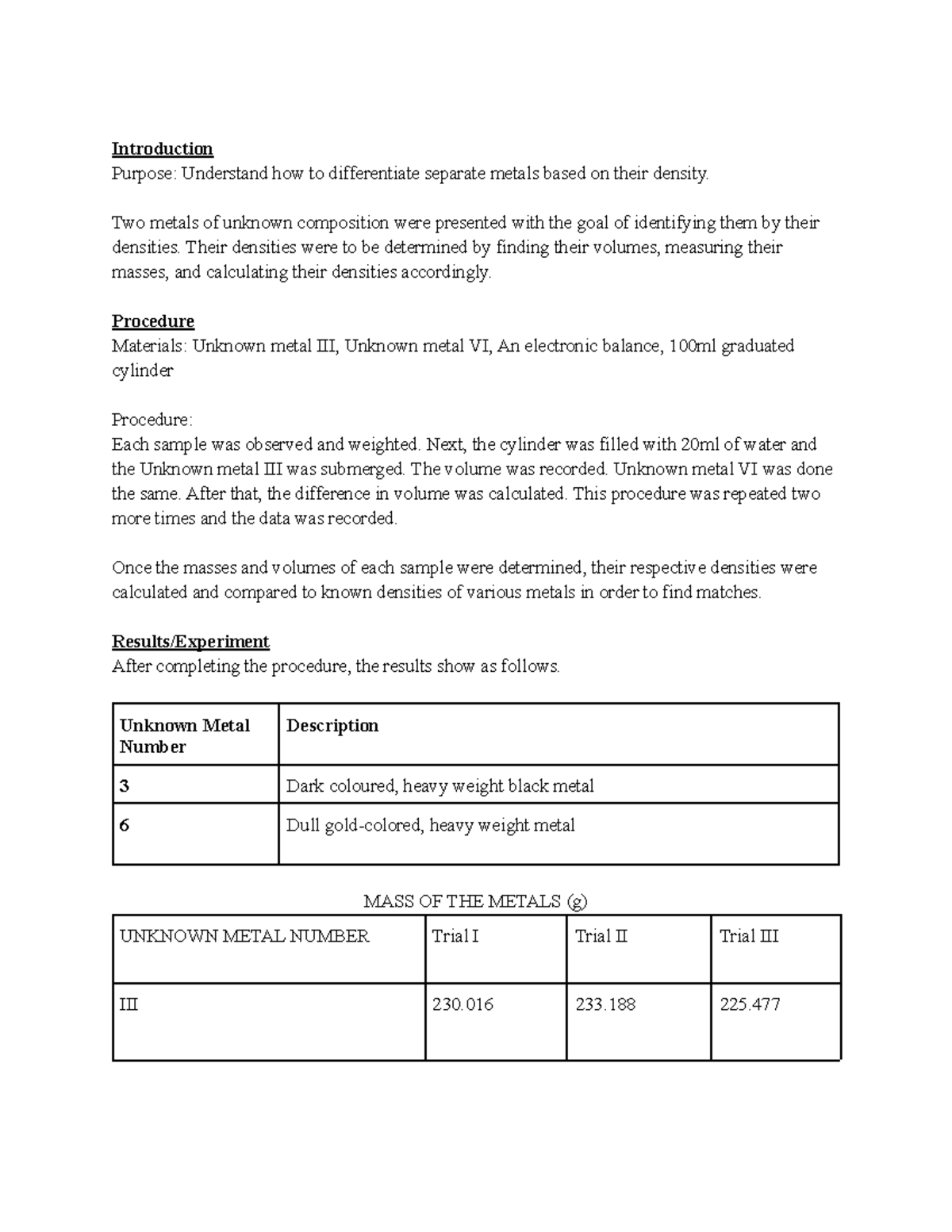 Lab report on Understanding how to differentiate separate metals based ...