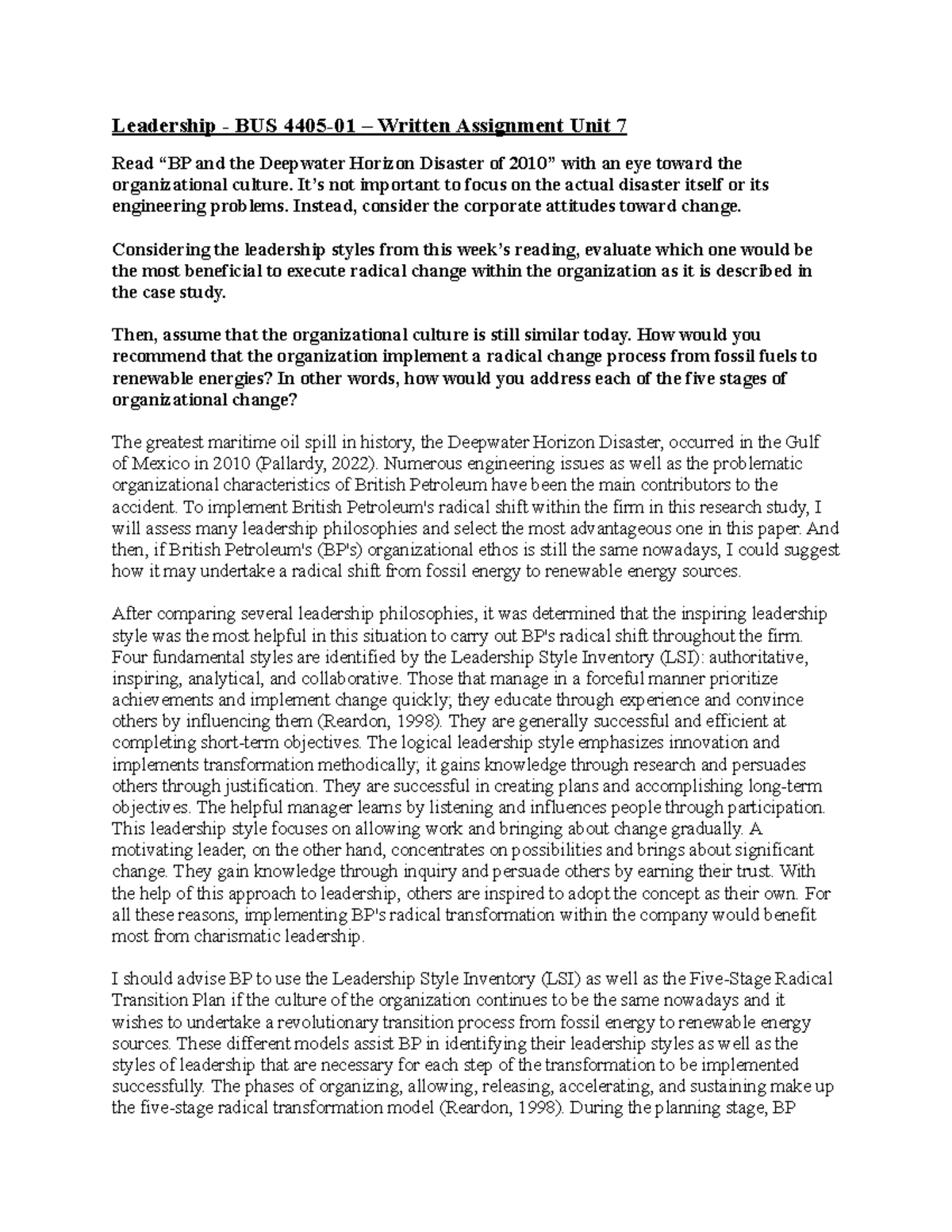 Leadership - BUS 4405-01 – Written Assignment Unit 7 - It’s not ...